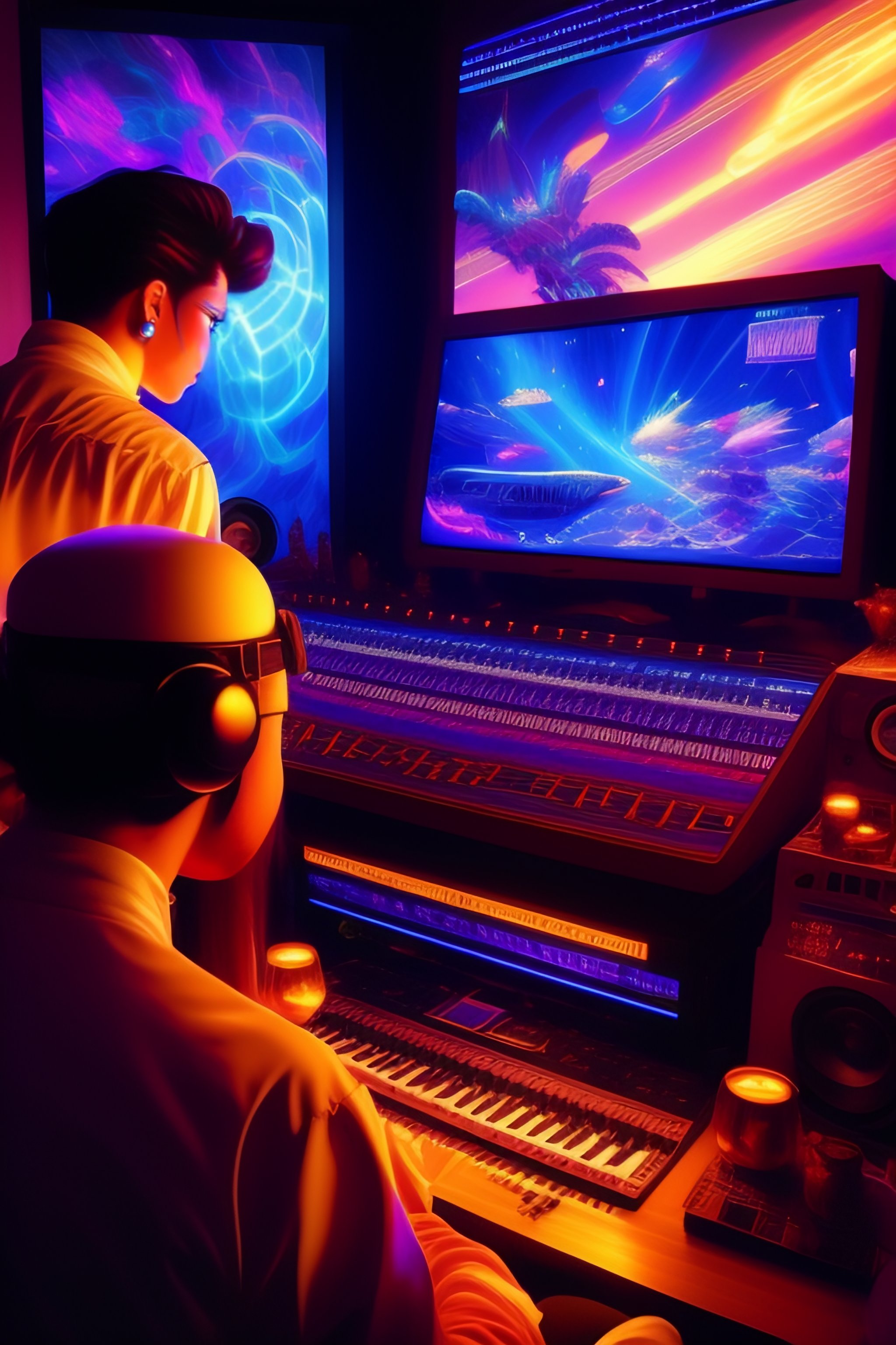 Lexica - Vintage 90's anime style; crew inside a home studio with a ...