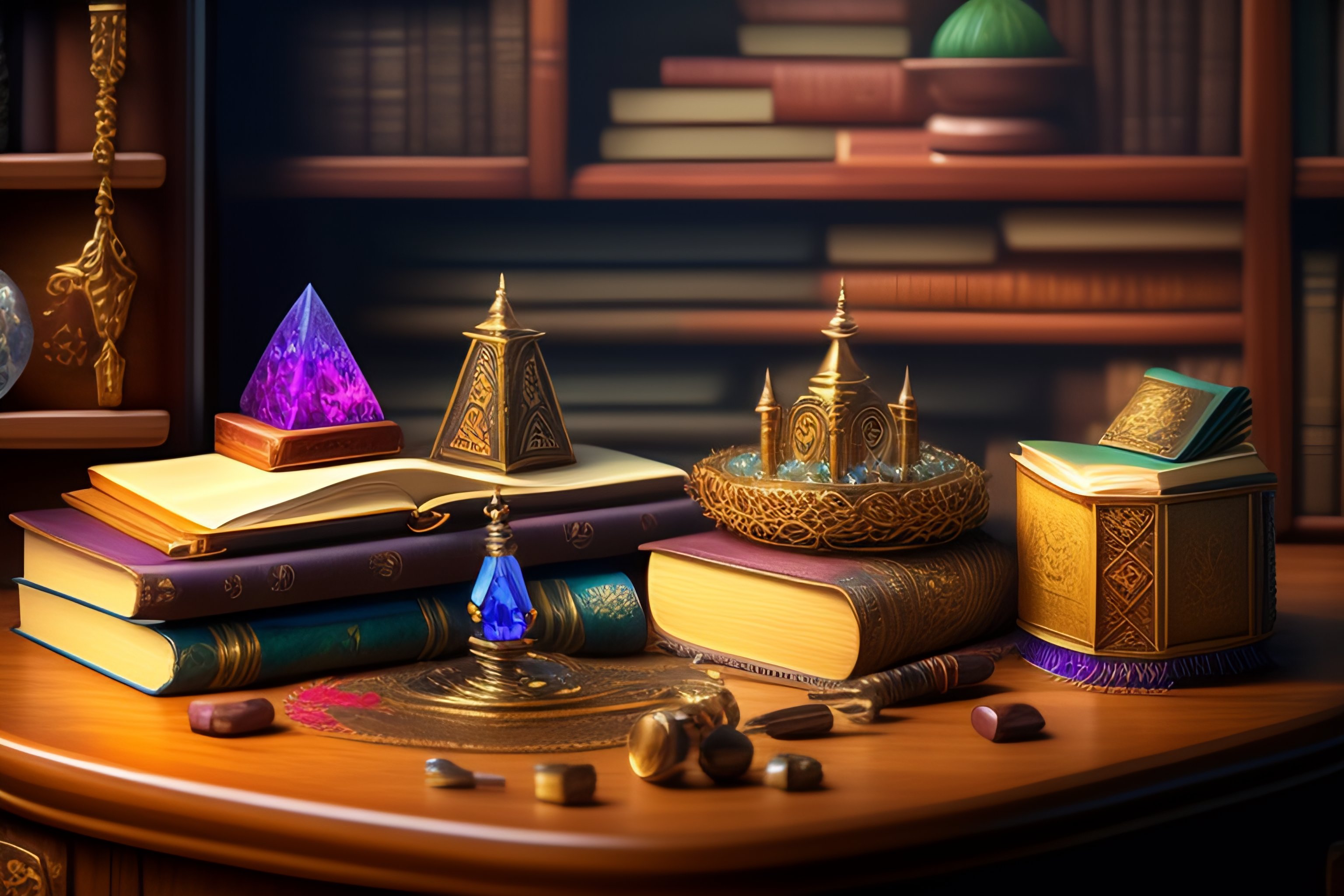 Lexica - Panoramic view of fantasy wizard's work table with magical ...