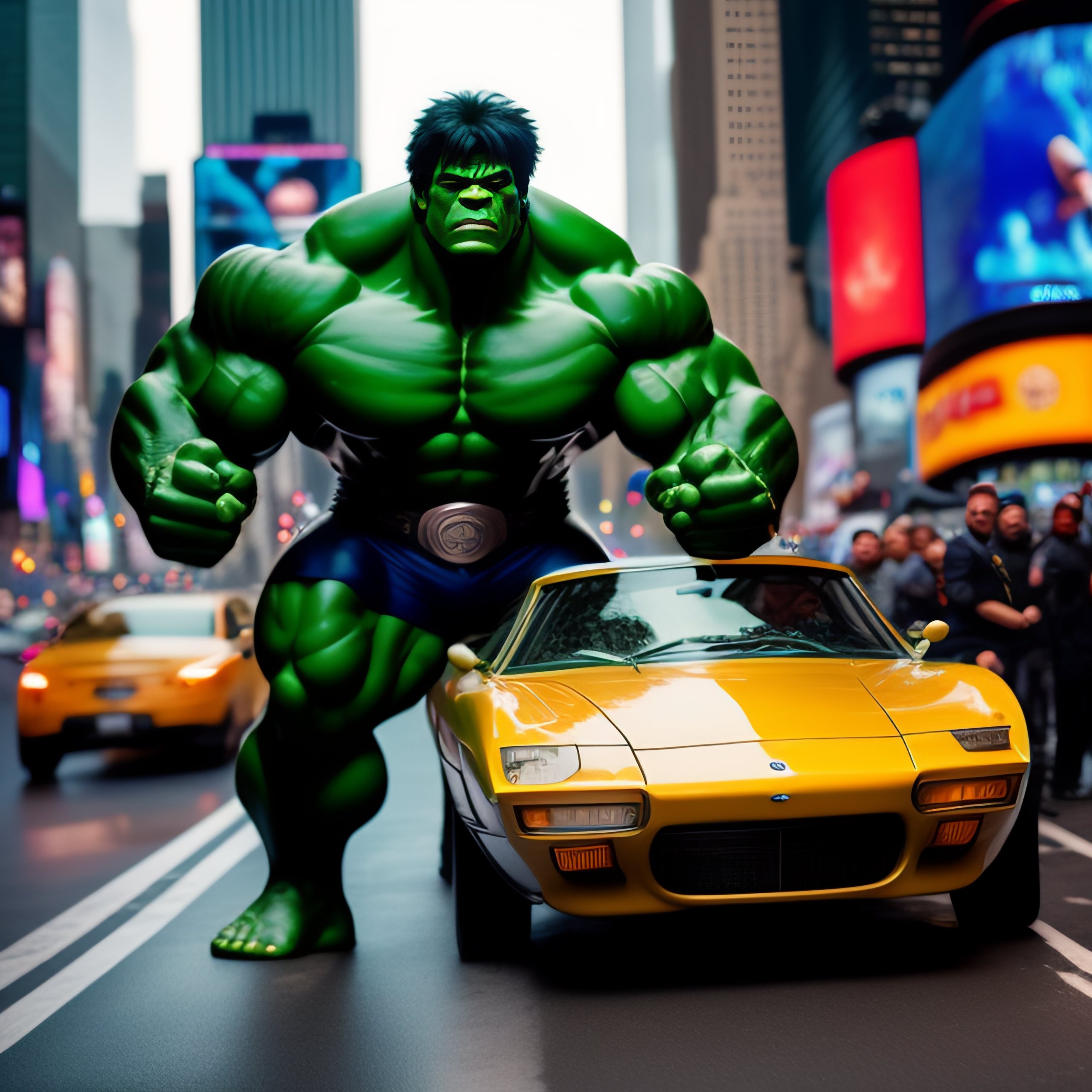 Lexica - The incredible hulk punching a car on times square, casual clothing, today's featured ...