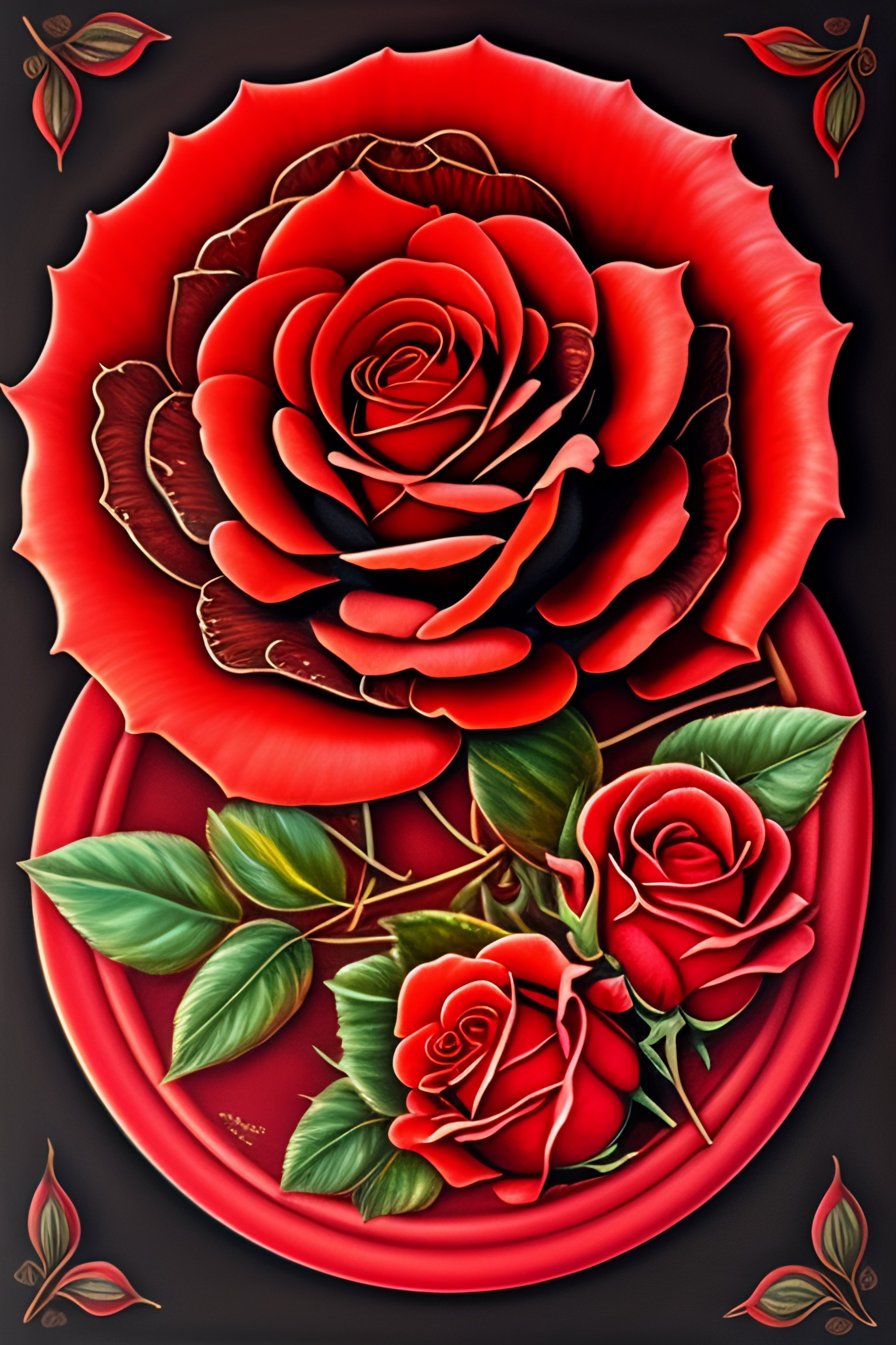 Lexica - Red roses surronded by circular arrangment of leaves, ladybird ...