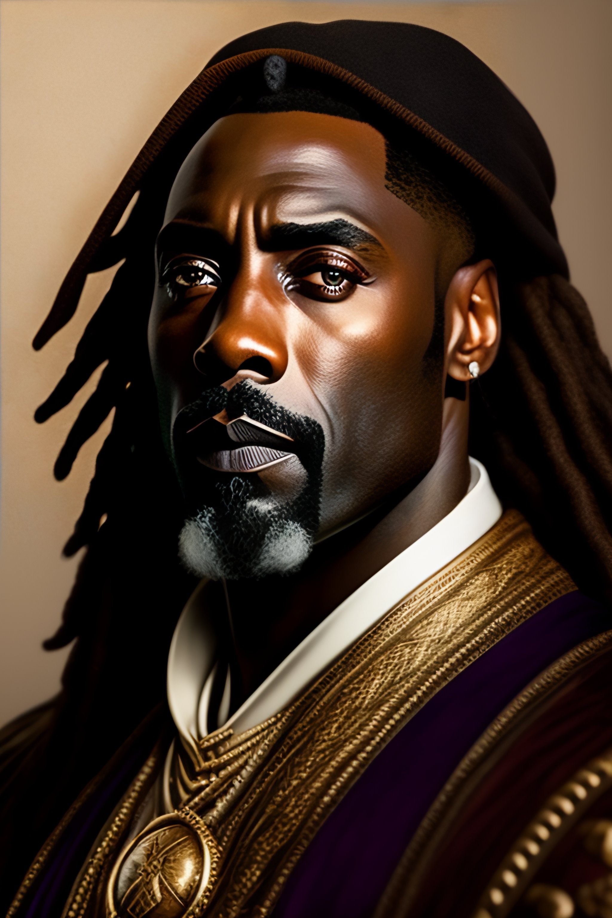Lexica - Portrait Idris Elba, D&D Wizard with staff gem, dreadlock hair