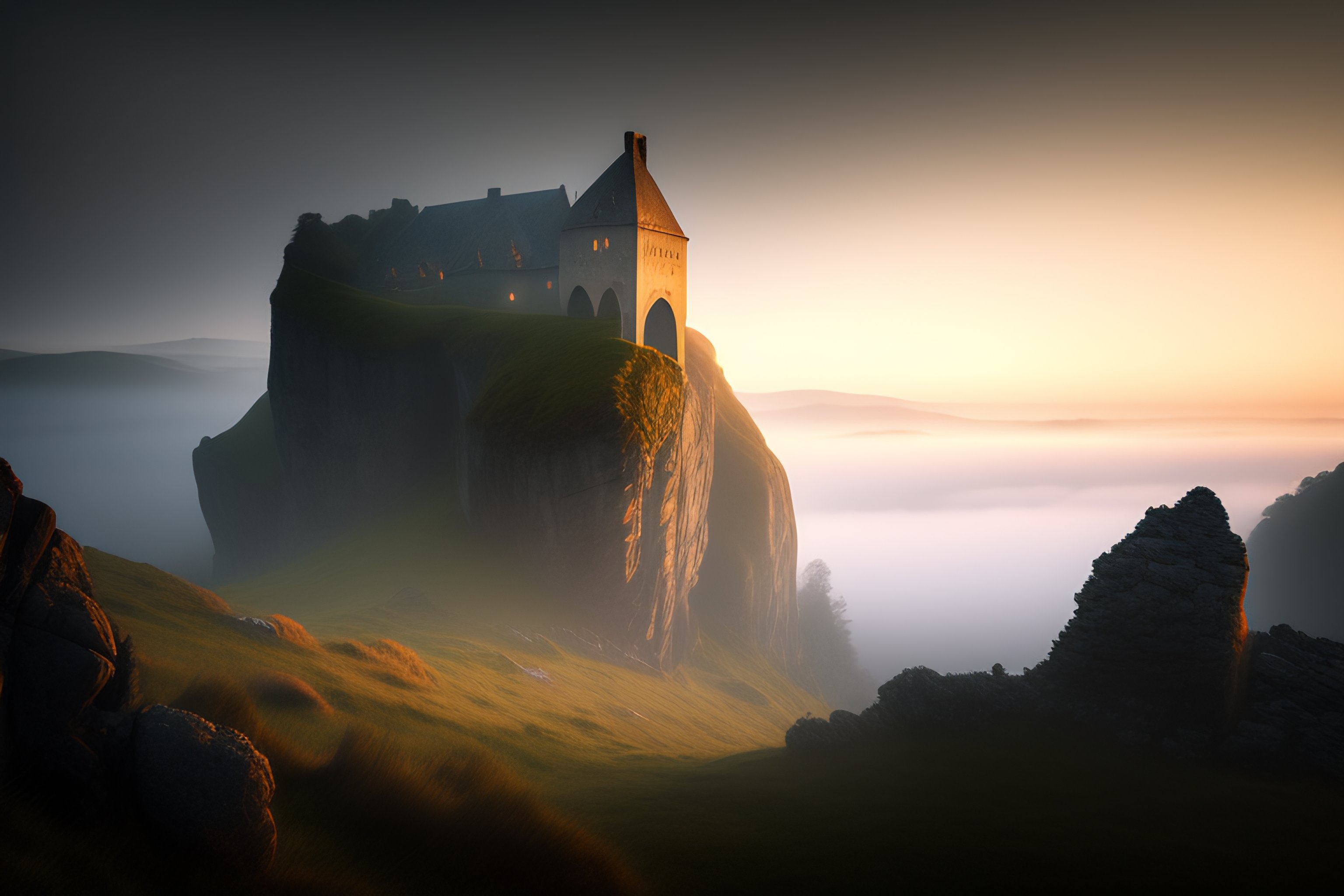 Lexica - Avalon landscape, fog, ruin moot, dramatic lighting, dark fantasy,