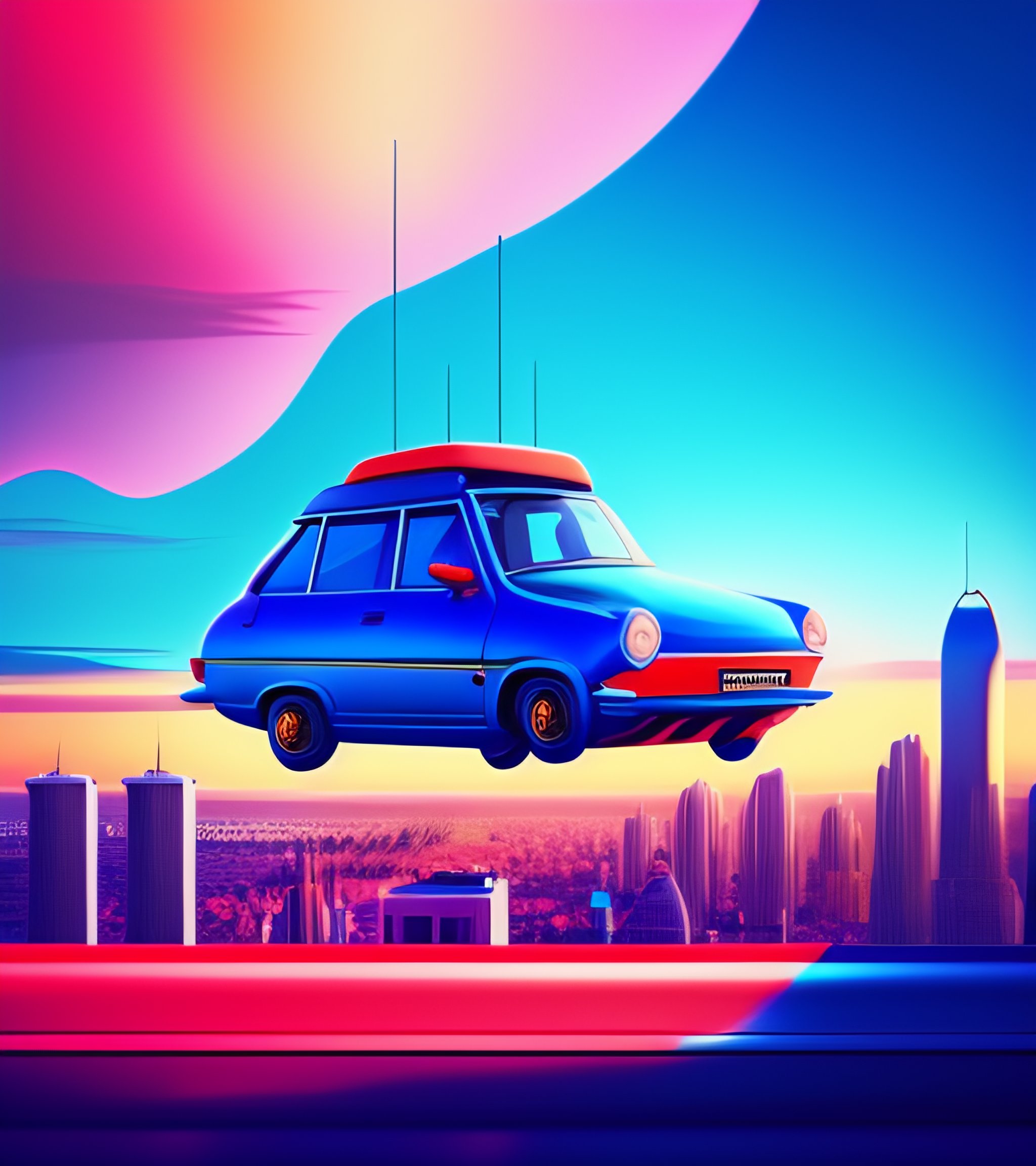 Lexica - A bright blue and red flying car over a city