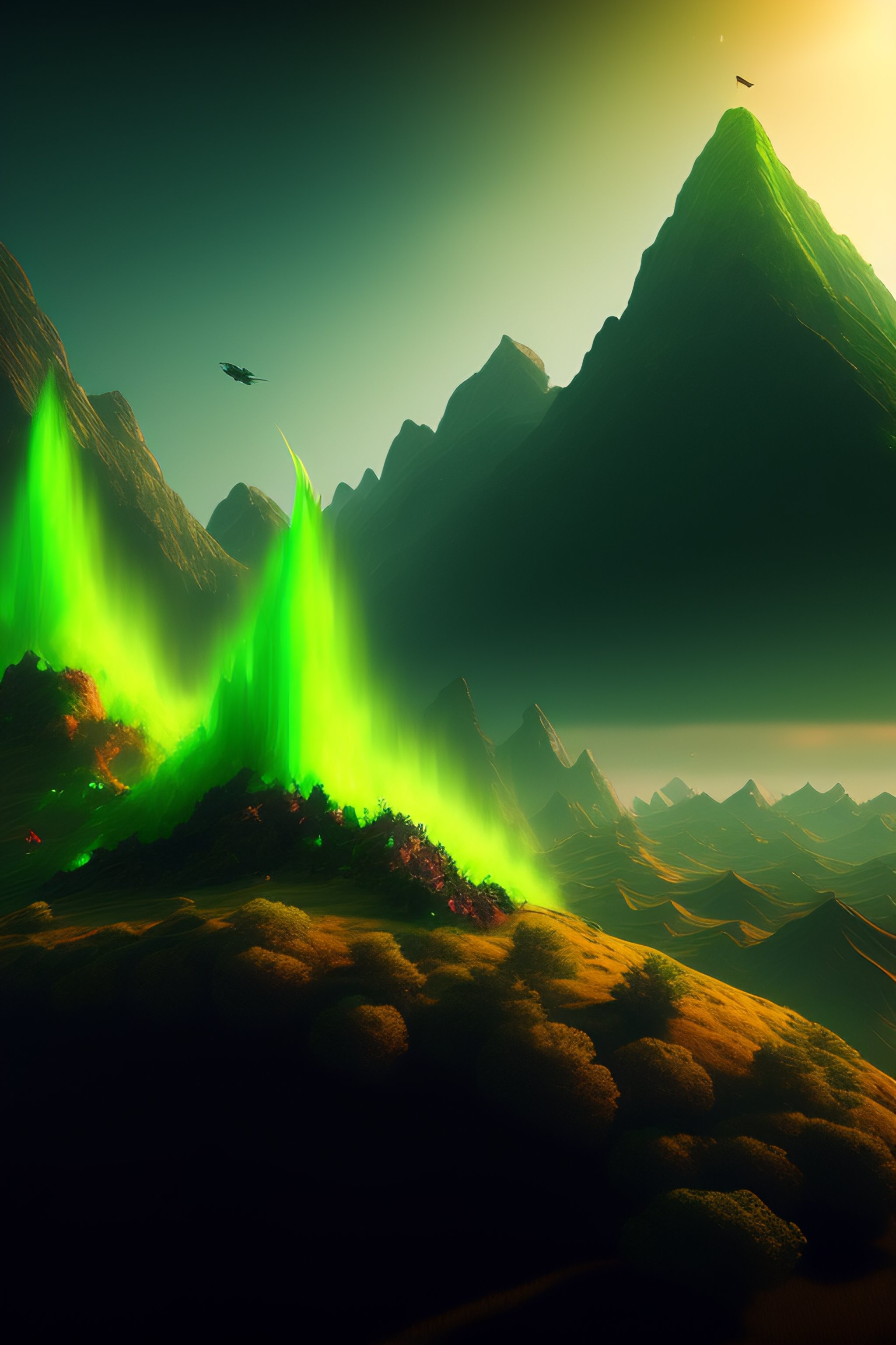 Lexica - Land scape, hell, green fire, a dragon, weird angle ...