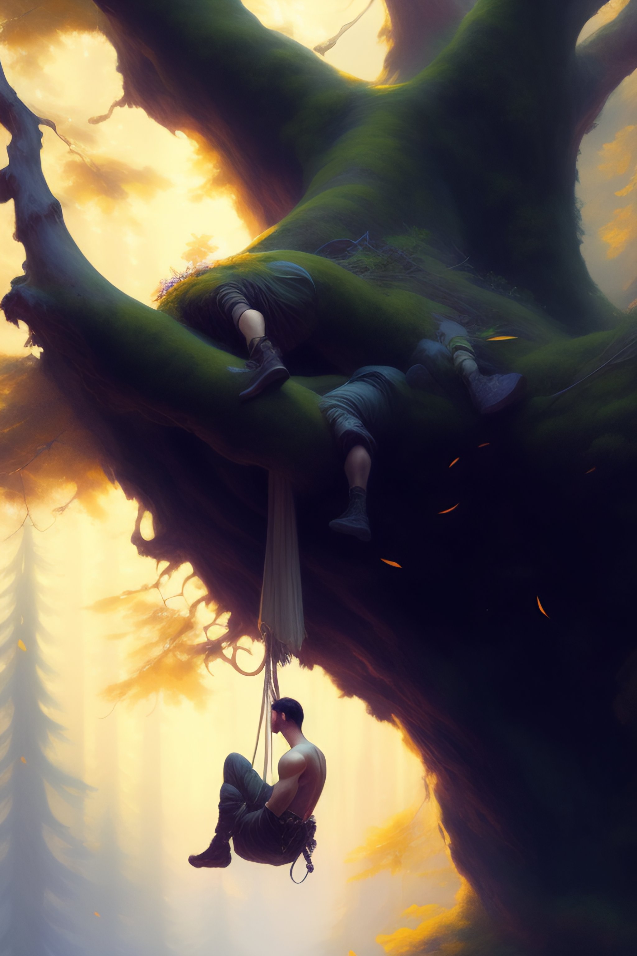 Lexica - A man hanging upside-down from a tree branch by tsuyoshi nagano, greg rutkowski ...