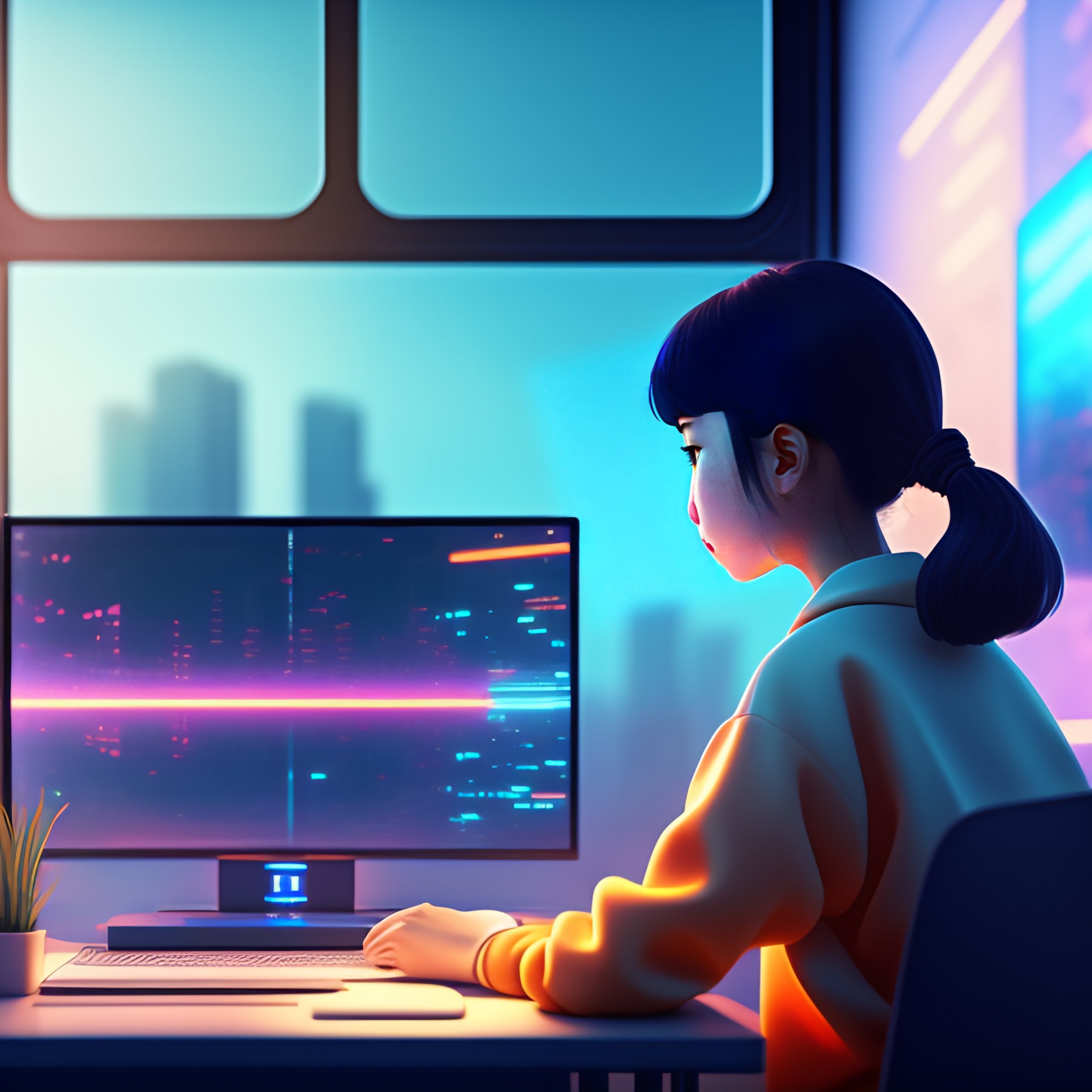 Lexica - A girl working on a computer in a small room with a big window ...