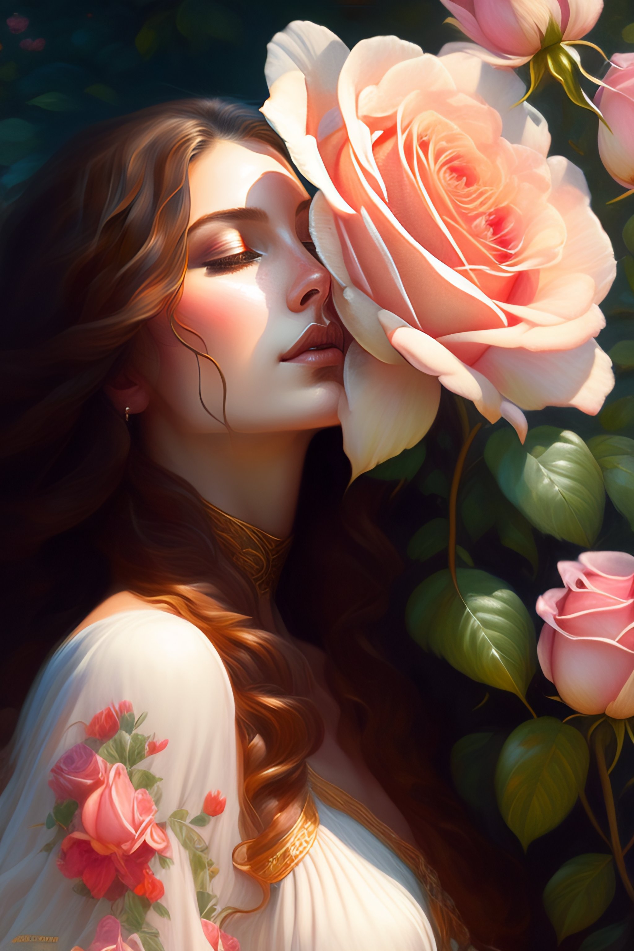 Lexica - Woman smelling a flower, roses everywhere, highly detailed ...