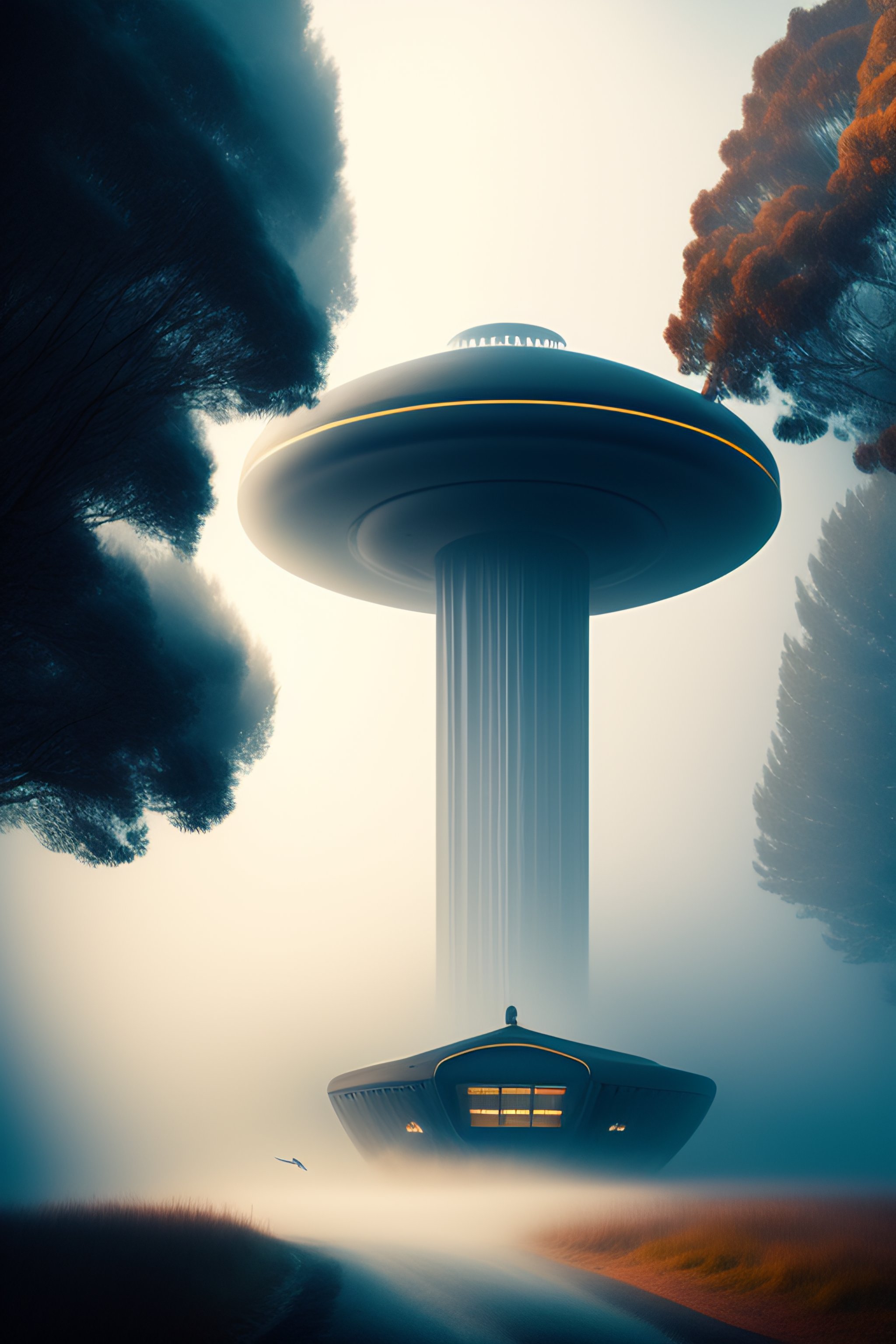 Lexica - Ufo in the fog, famrhouse