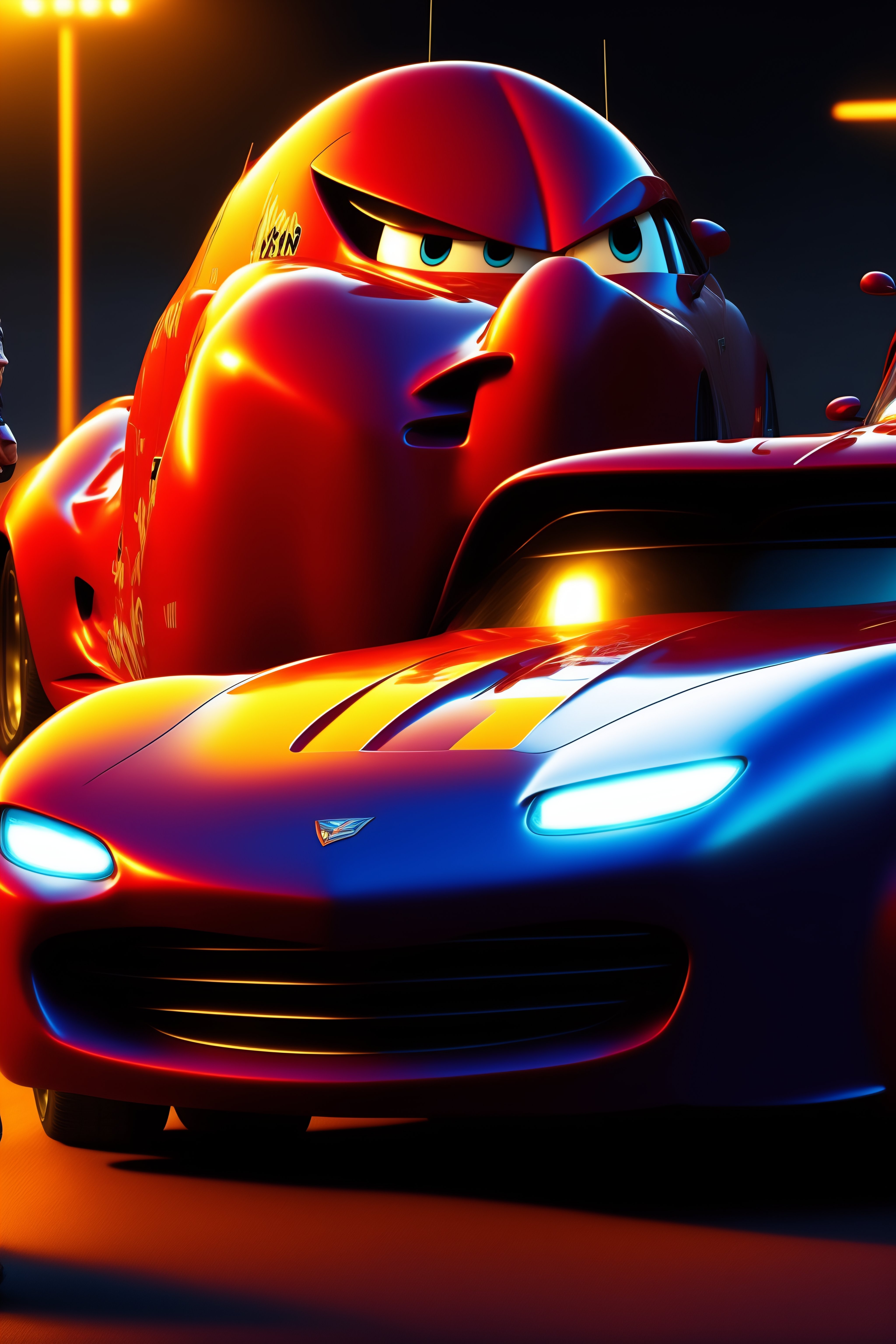 Lexica - Vinn diesel and lightning mcqueen from cars 2 hugging, low - light photography, scene ...