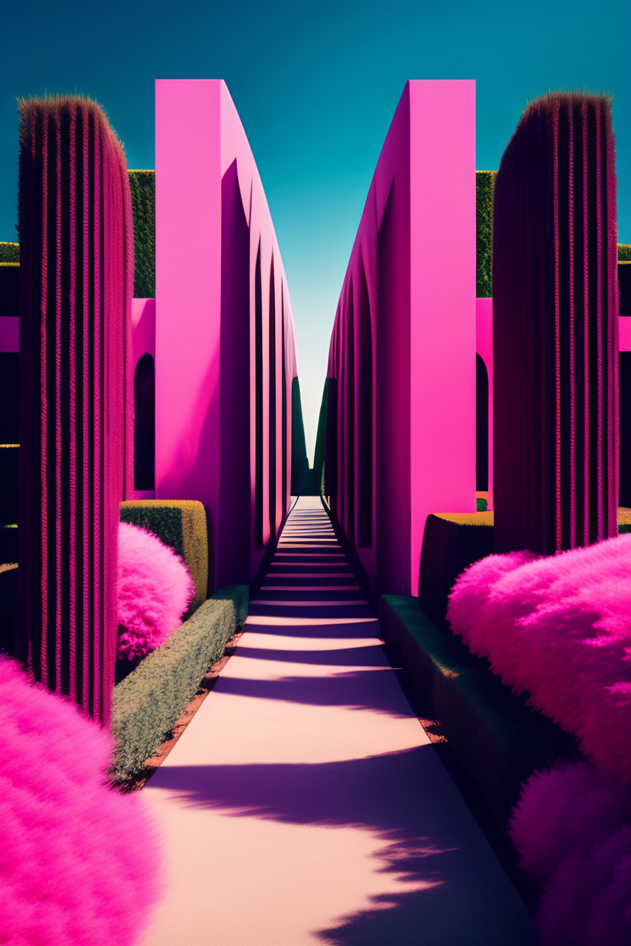 Lexica - Tall hedge maze, pink smoke, geometric, minimal, vintage, scary