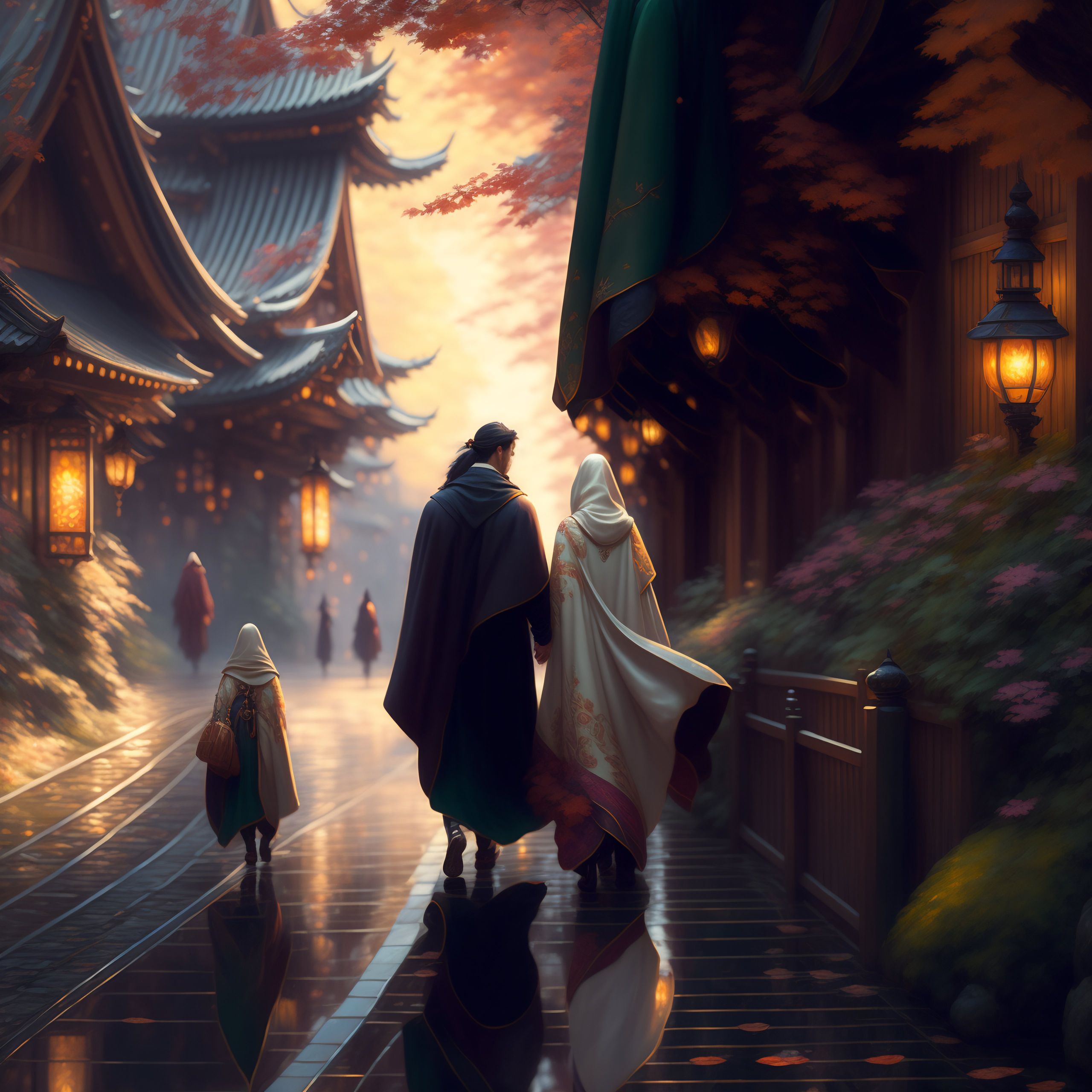 Lexica - Couple walking from behind, a man with manbun wearing shoulder ...