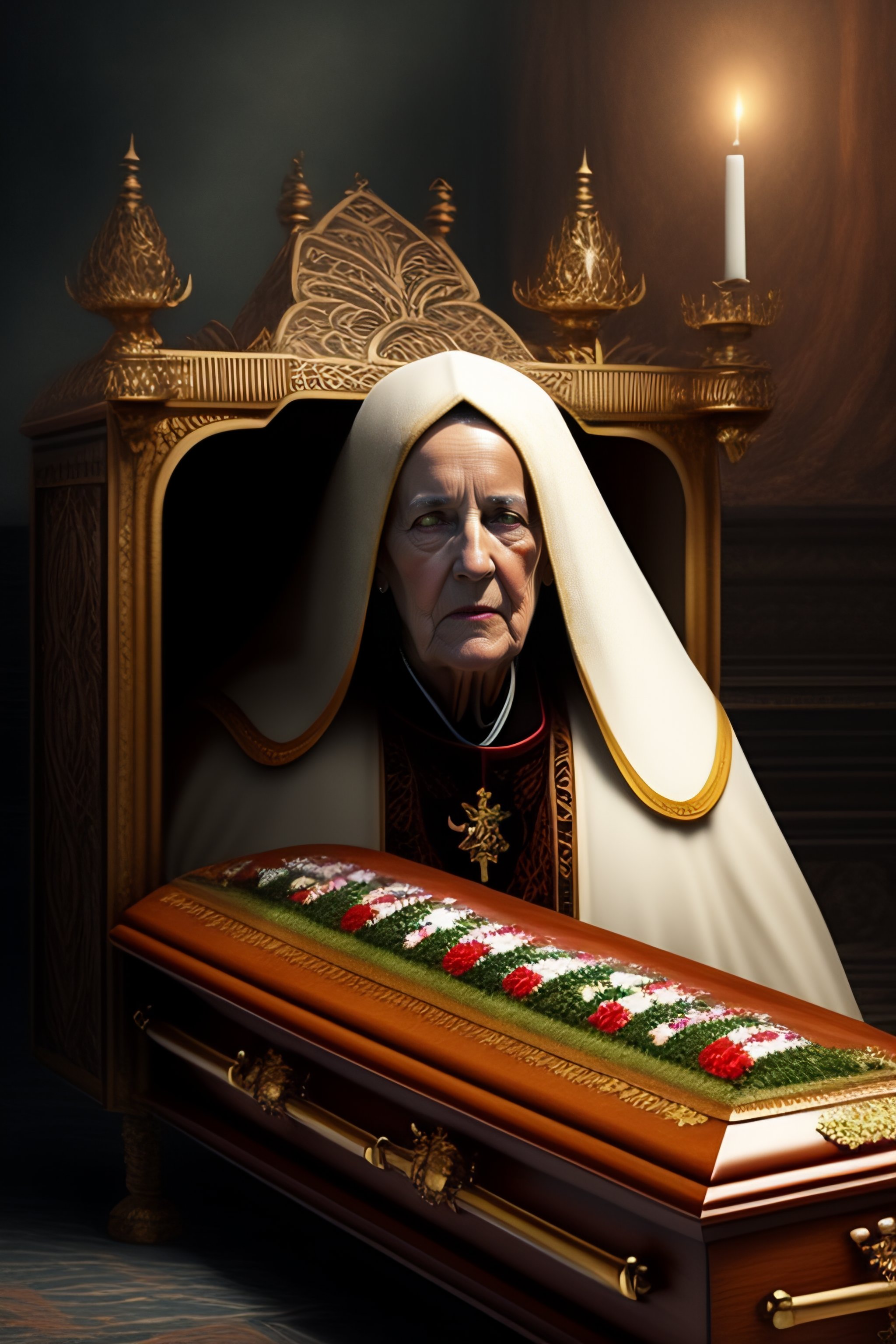 Lexica - A dead rotting pope in a coffin surrounded by a witches feast