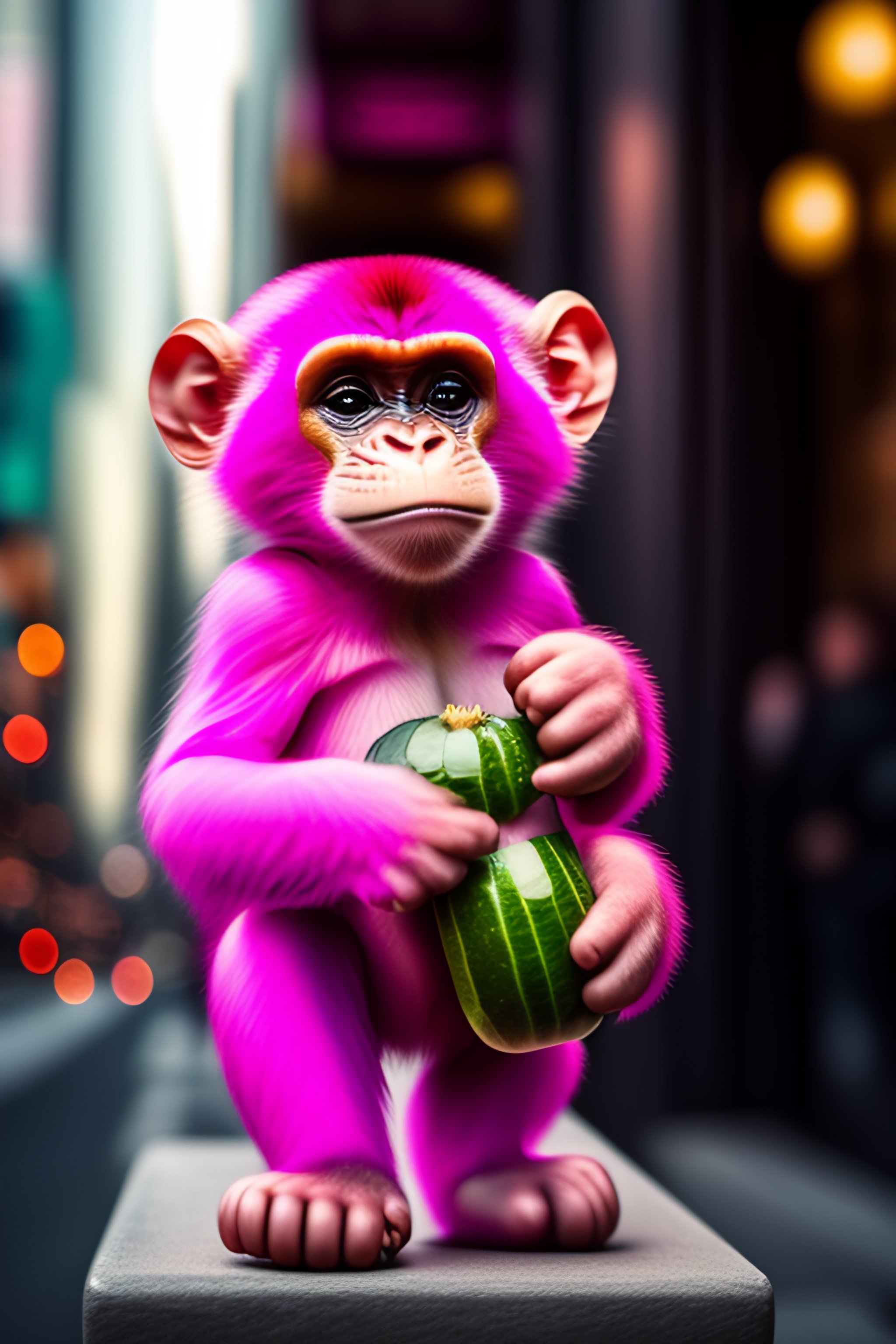 Lexica - A pink monkey with a cucumber on 4th Avenue in New York