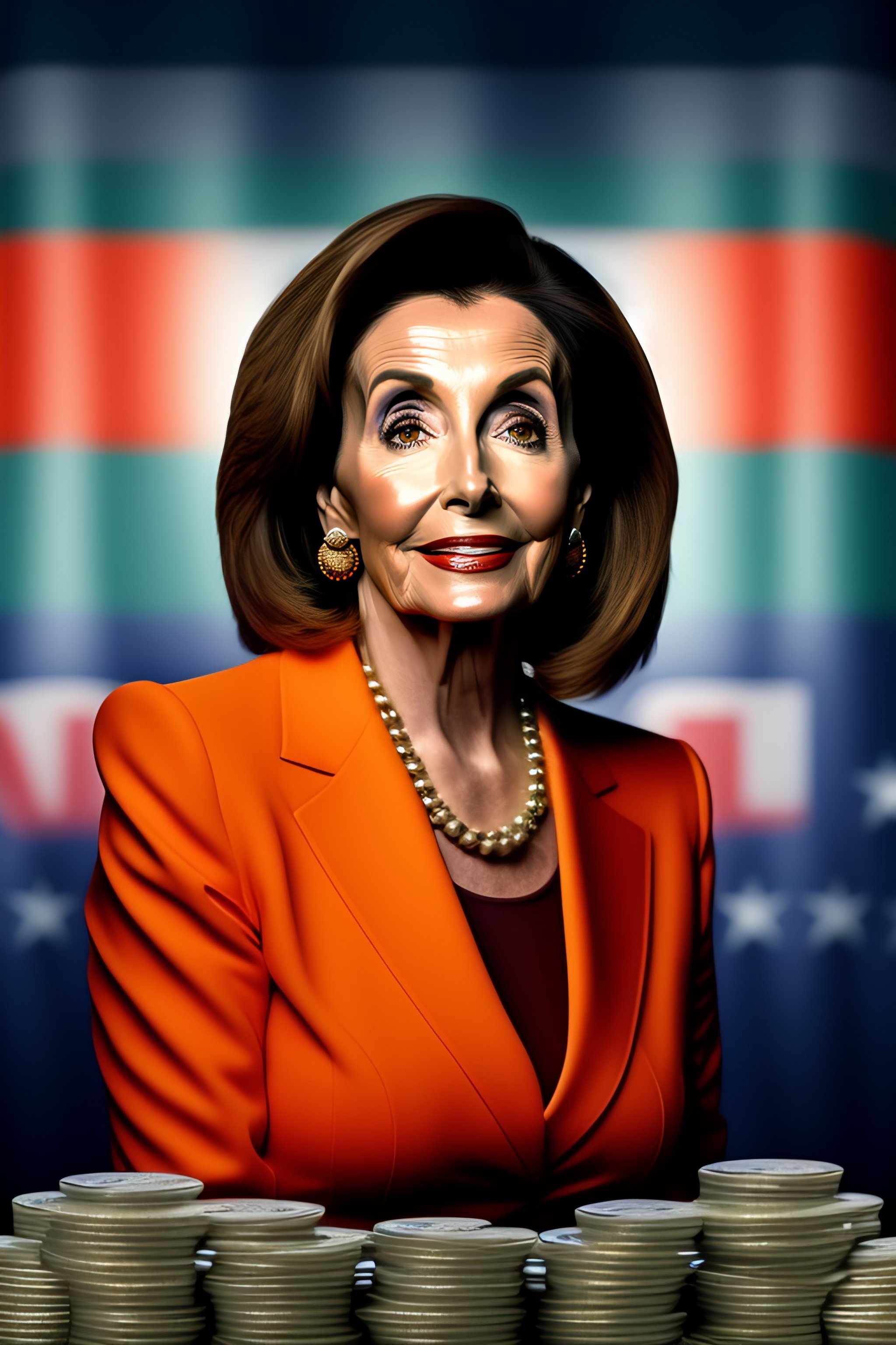 Lexica - Portrait of nancy pelosi standing on a huge pile of money