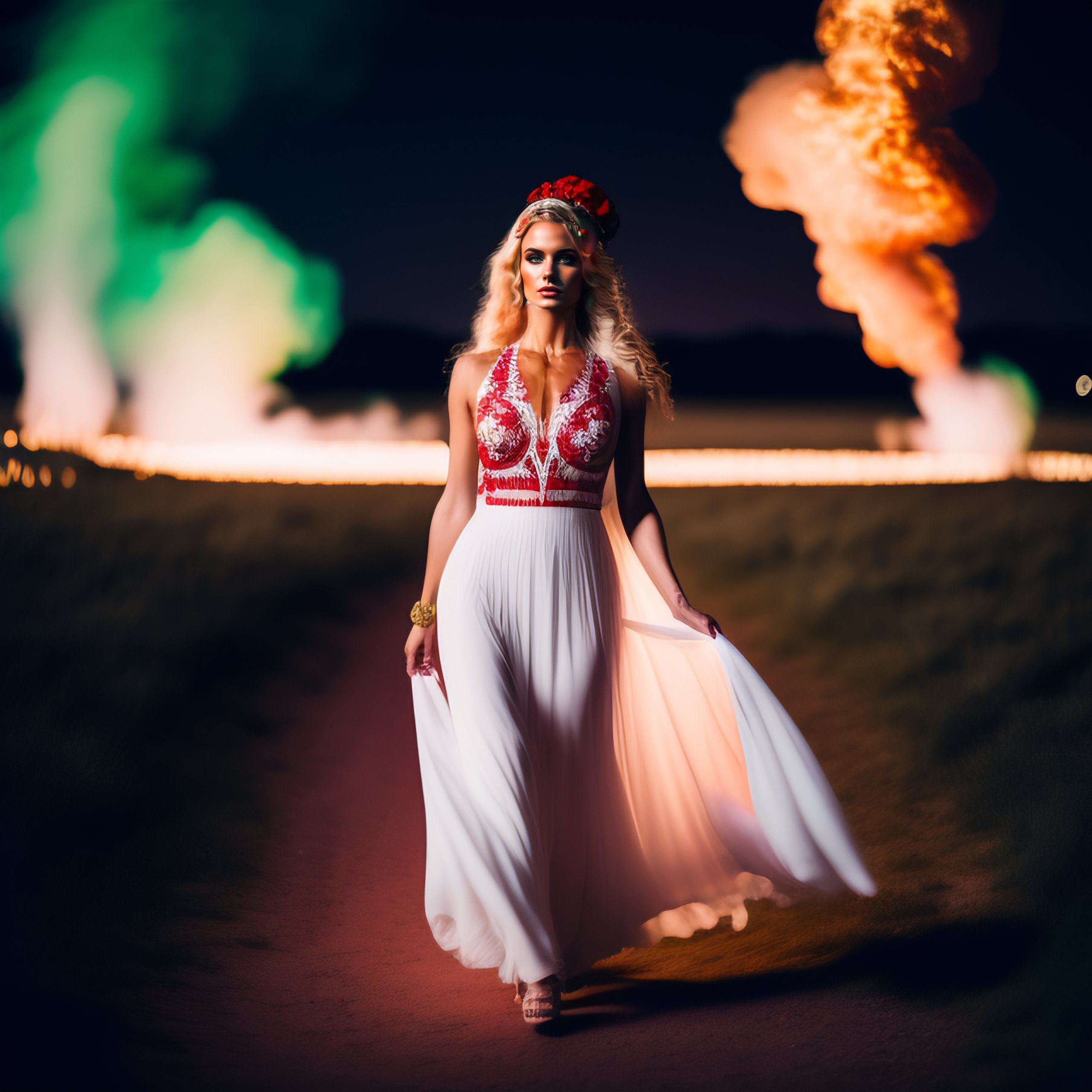 Lexica - Long shot of a Blonde, green eyed female balkan woman walking ...