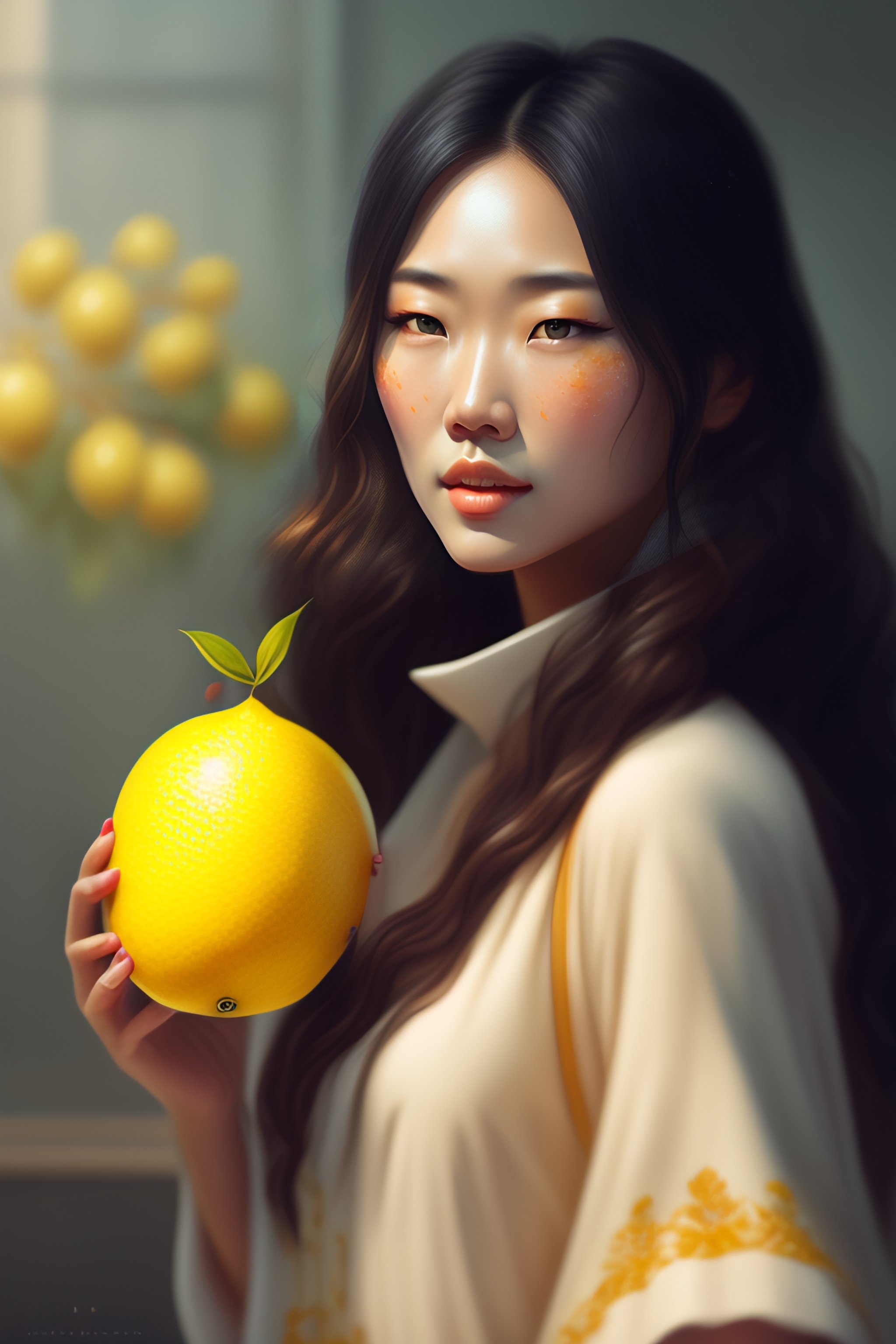 Lexica - Half swedish and half japanese woman, holding a small lemon, lemons everywhere, highly ...