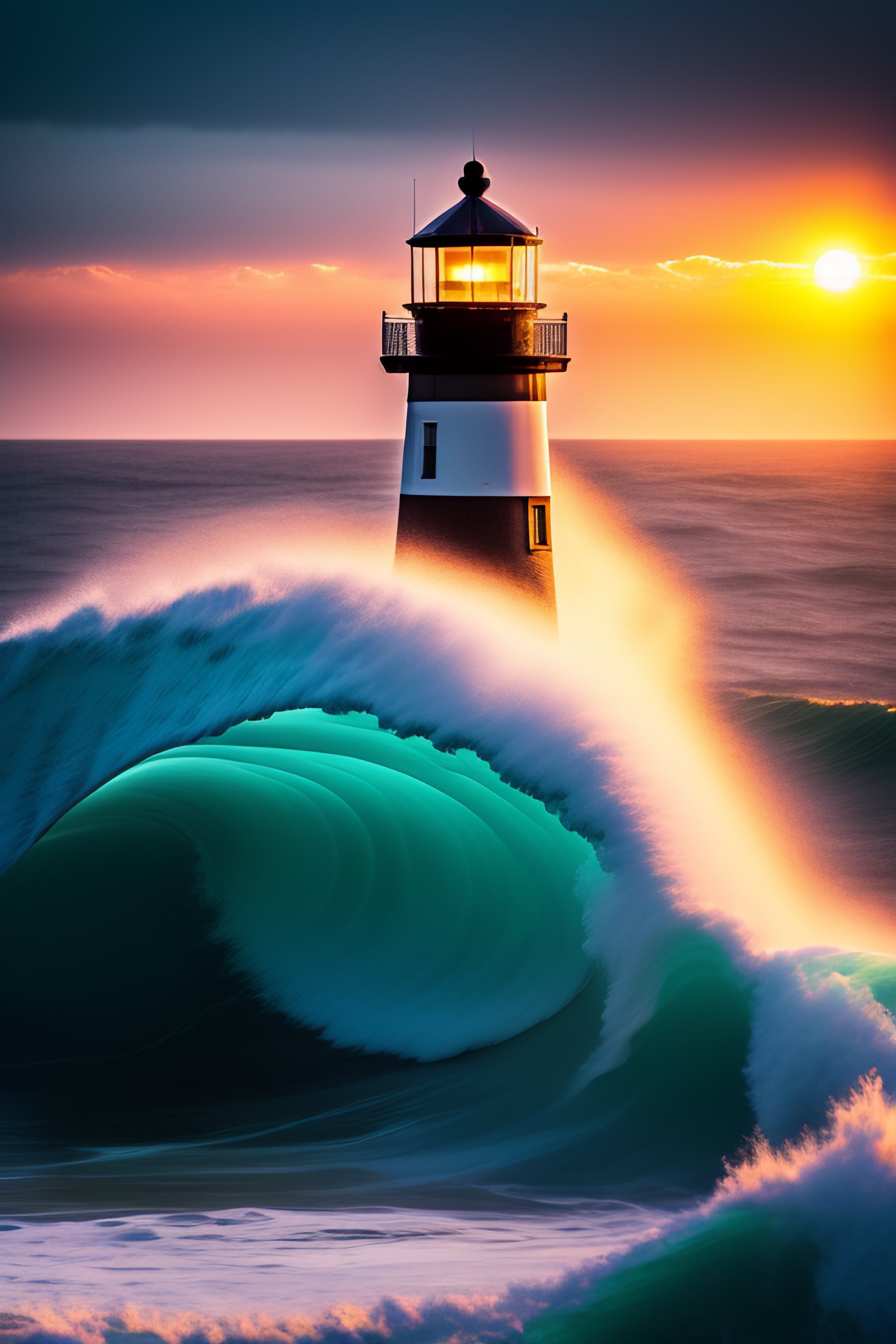 Lexica - A lighthouse in the middle of the sea, with wild sea hitting ...