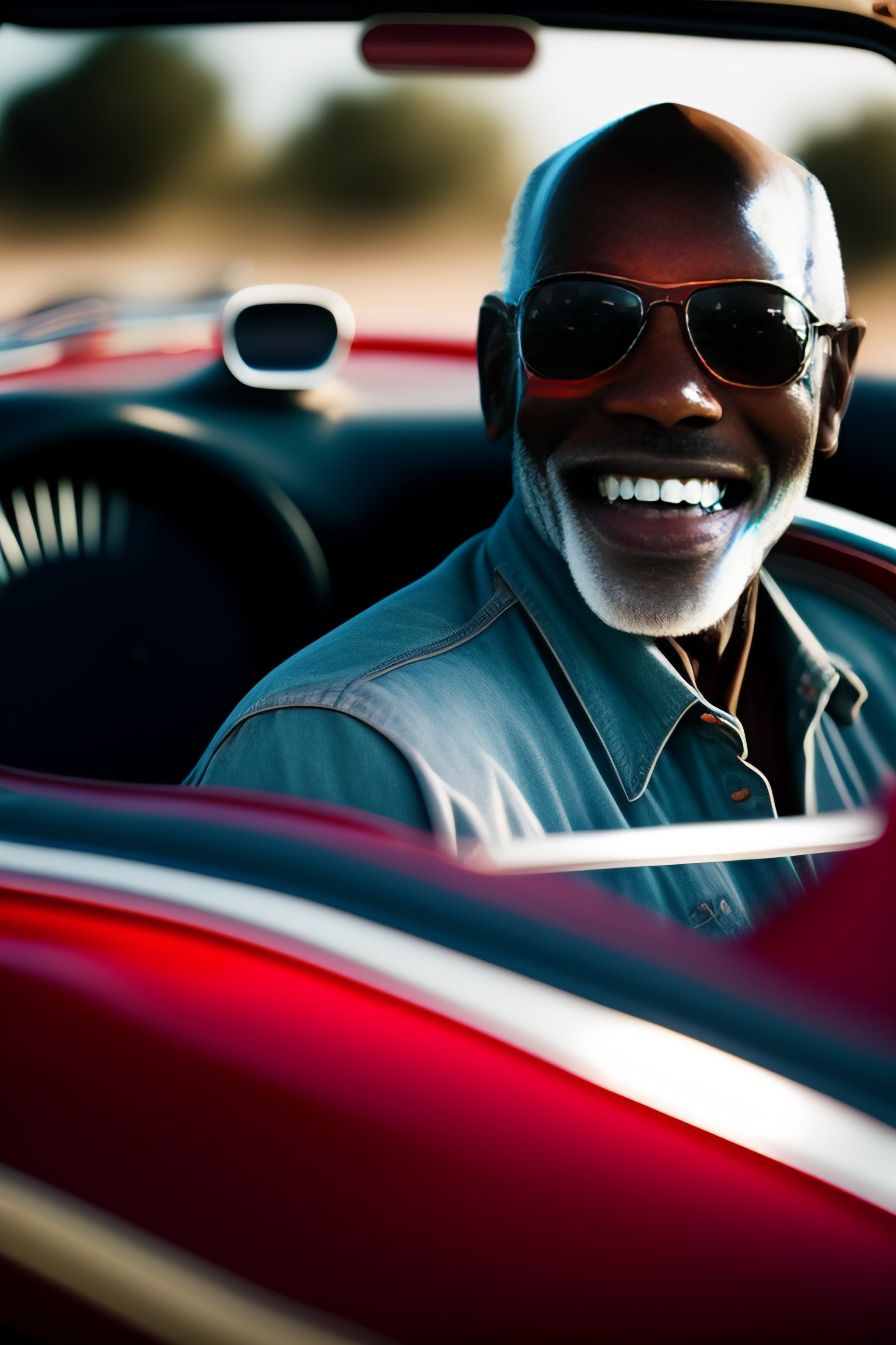 Lexica - Old bald black man with a grey beard, driving a red 1960 ...