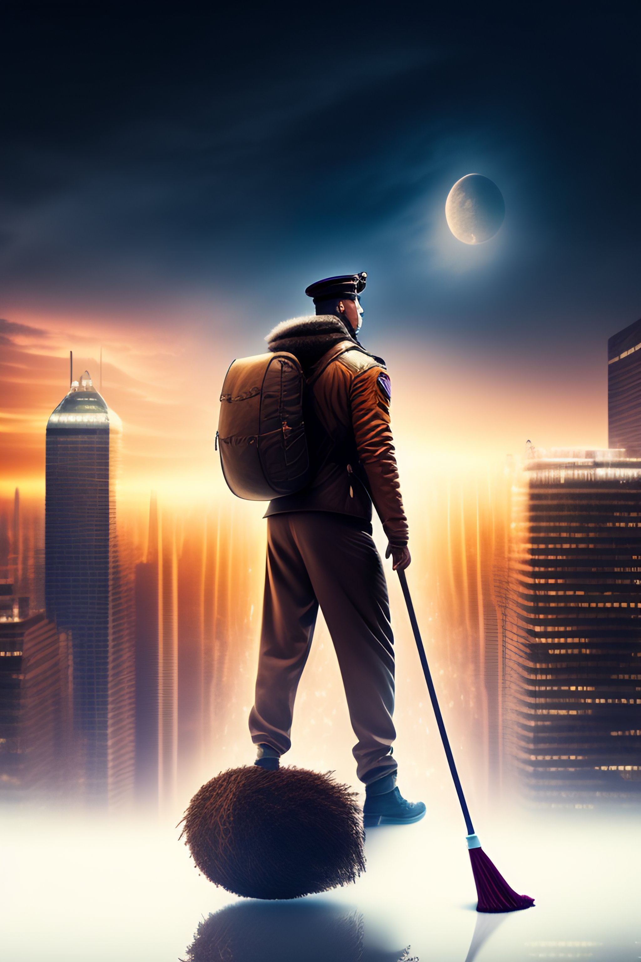 Lexica - Man riding a broomstick over the city