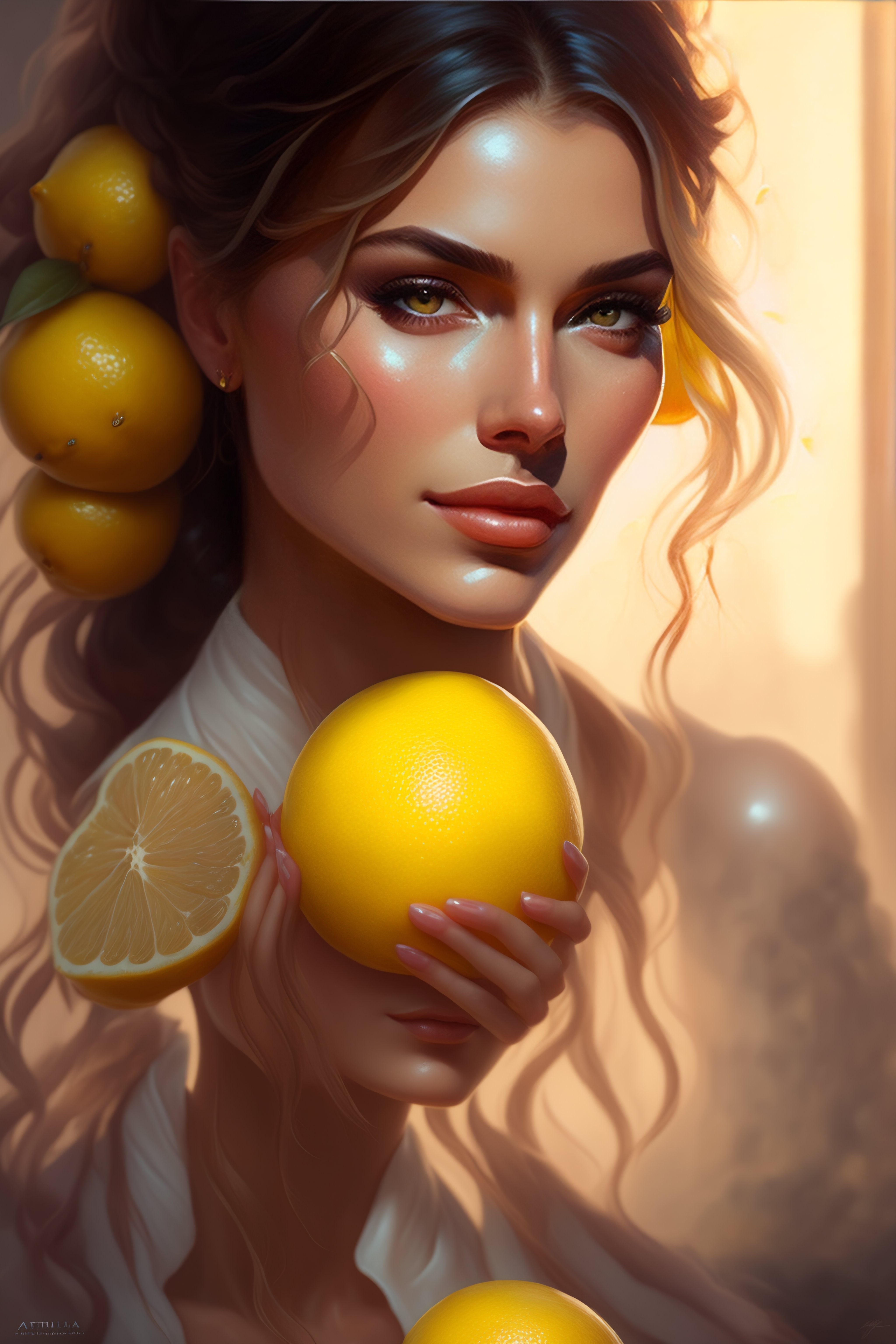 Lexica - Woman holding a small lemon, lemons everywhere, highly detailed, digital painting ...
