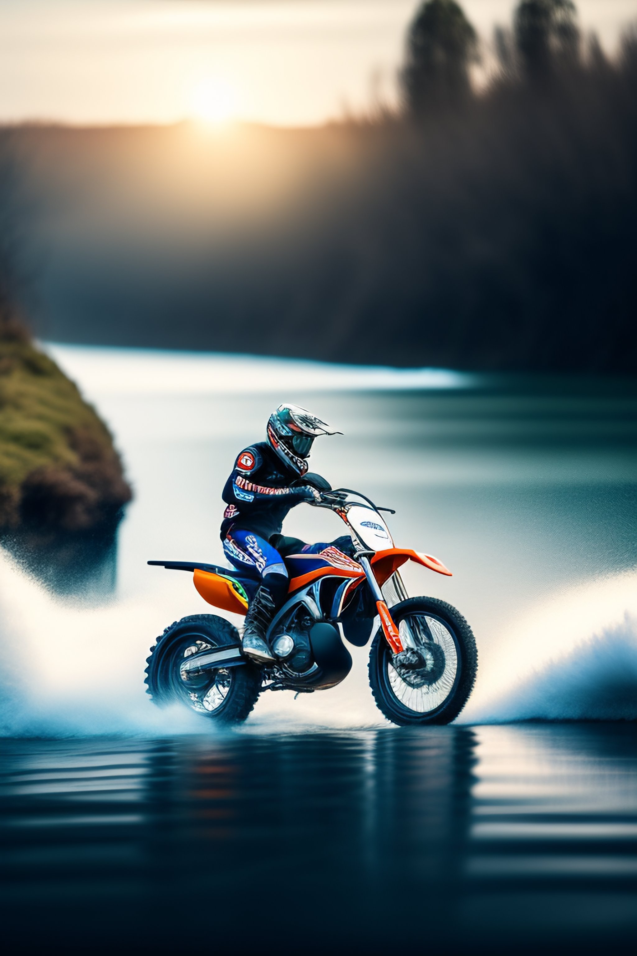 Lexica - Stunt bike flies over river, hd