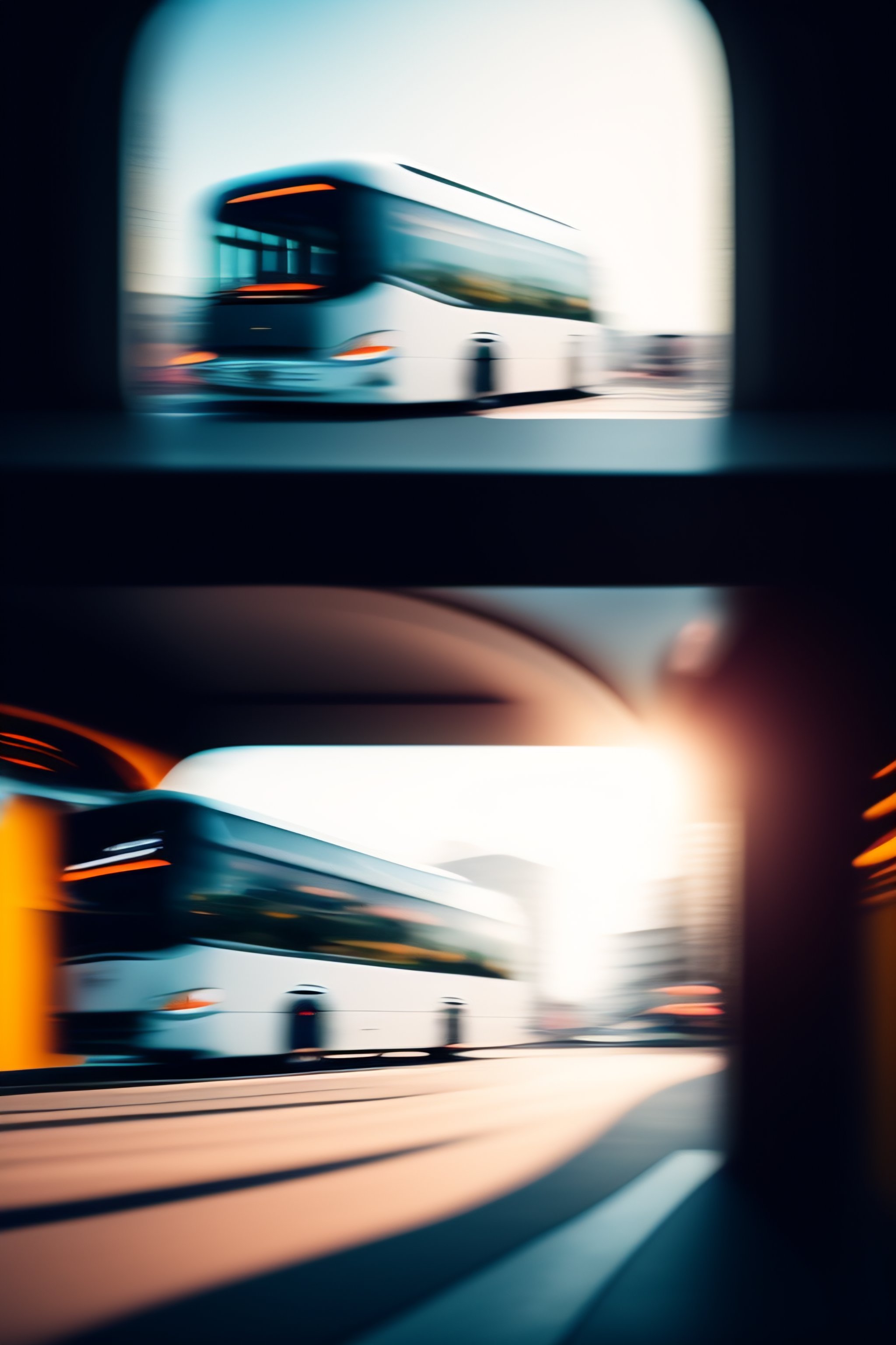Lexica - White Bus in city street, inside view ,motion blur, front view ...