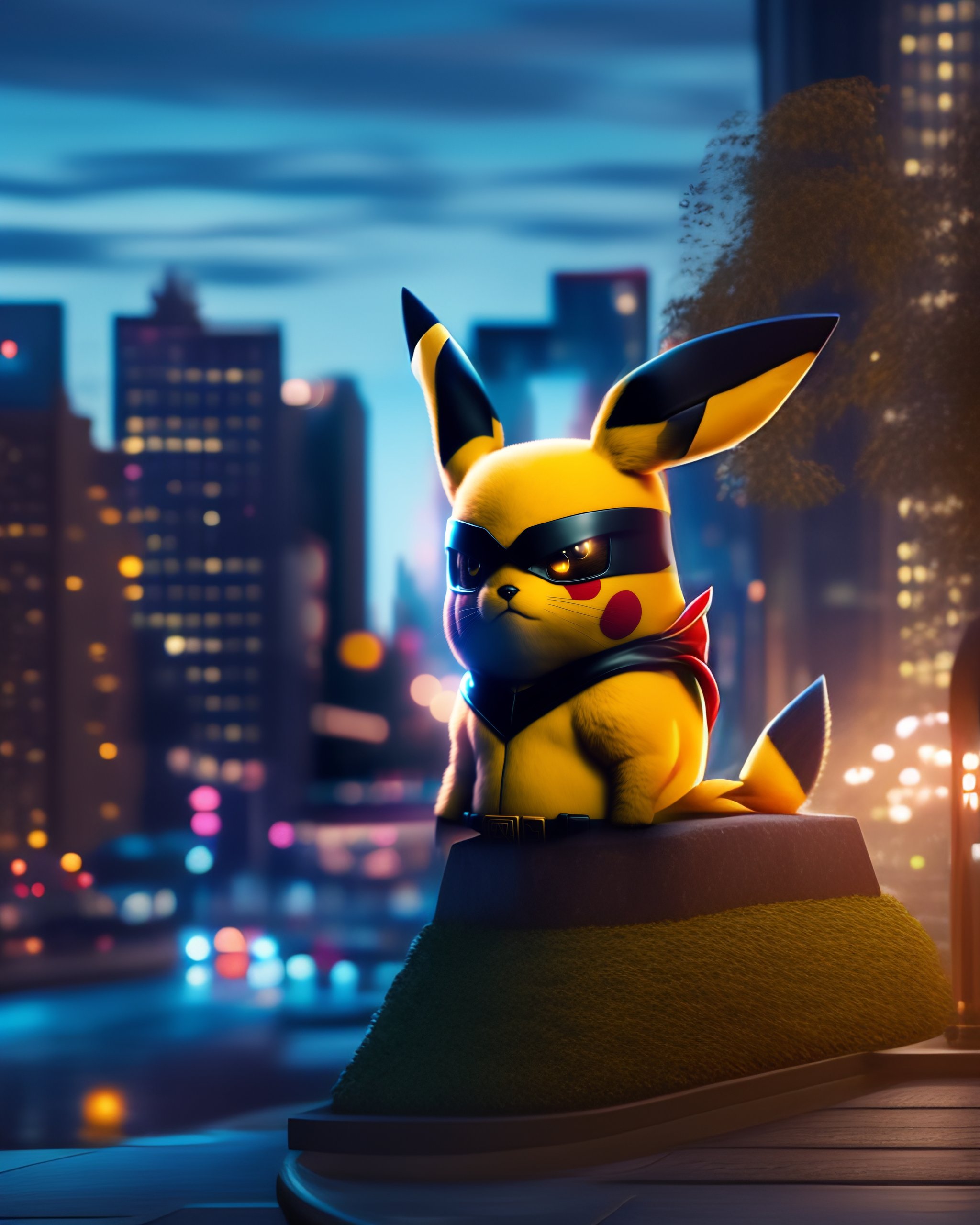 Lexica - Movie shot of pikachu as superhero with suit in pokemon city ...