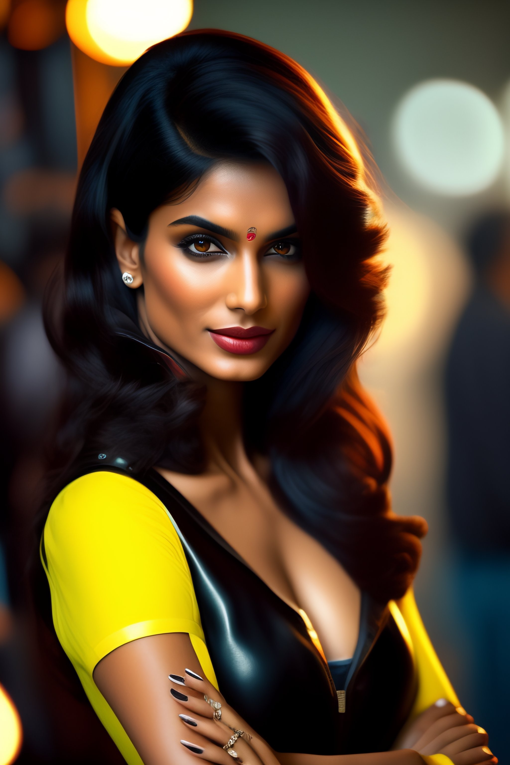 Lexica - Indian girl in her 30s with nose piercing wearing black leather jacket without a top ...