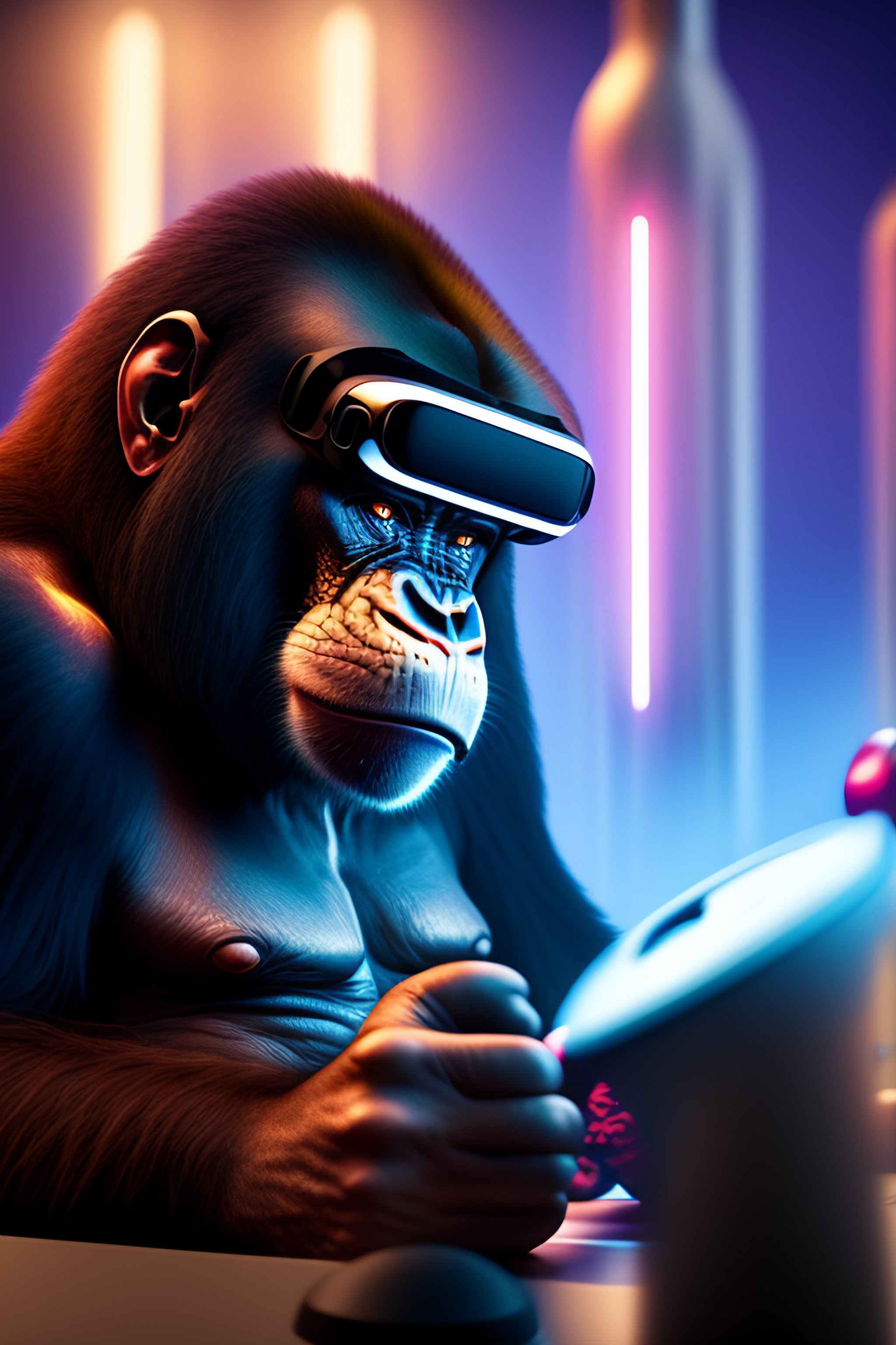Lexica - A realistic image of bored ape from bayc wearing futuristic VR