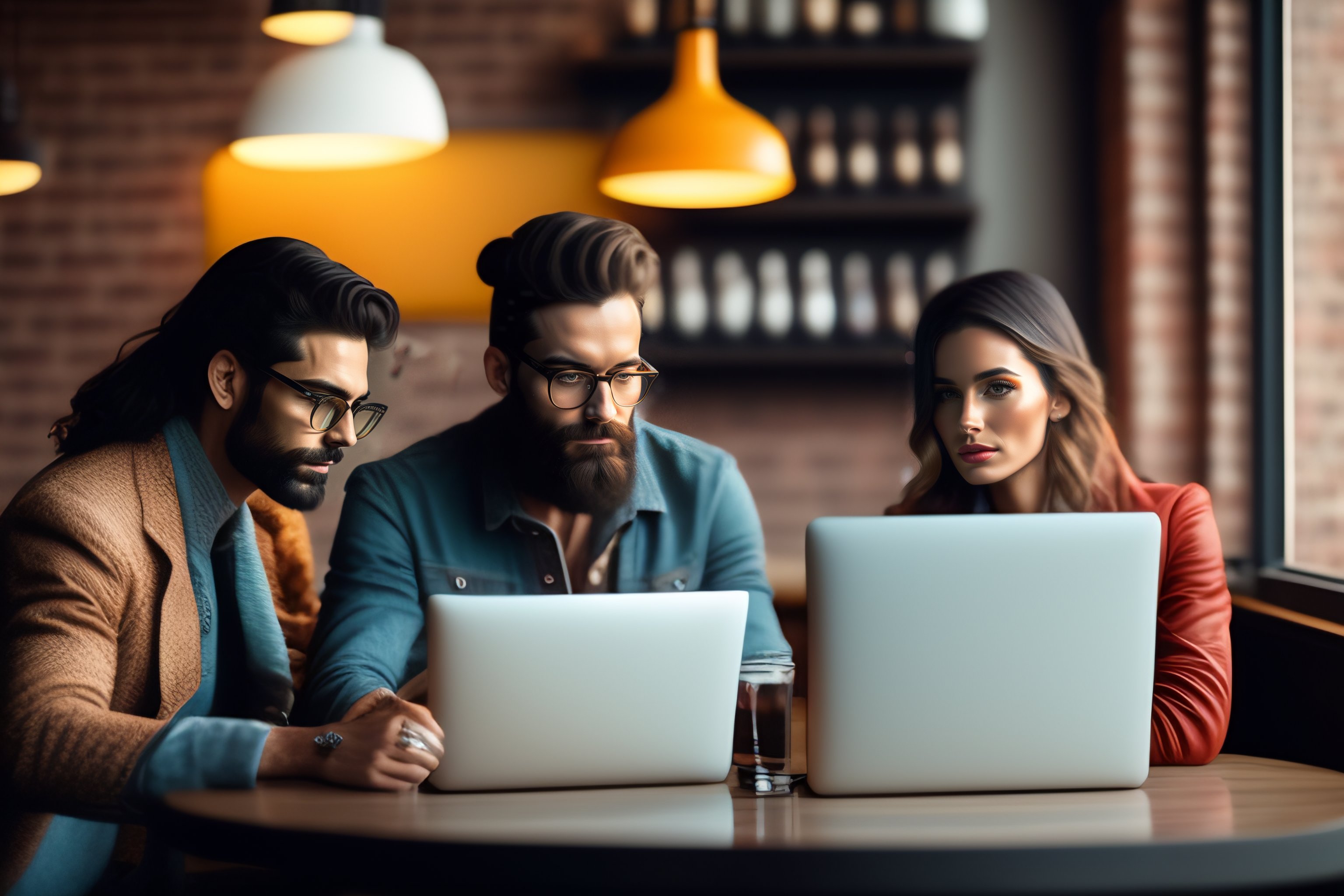 Lexica - Hipsters designers working on laptop in cafe, one is woman ...