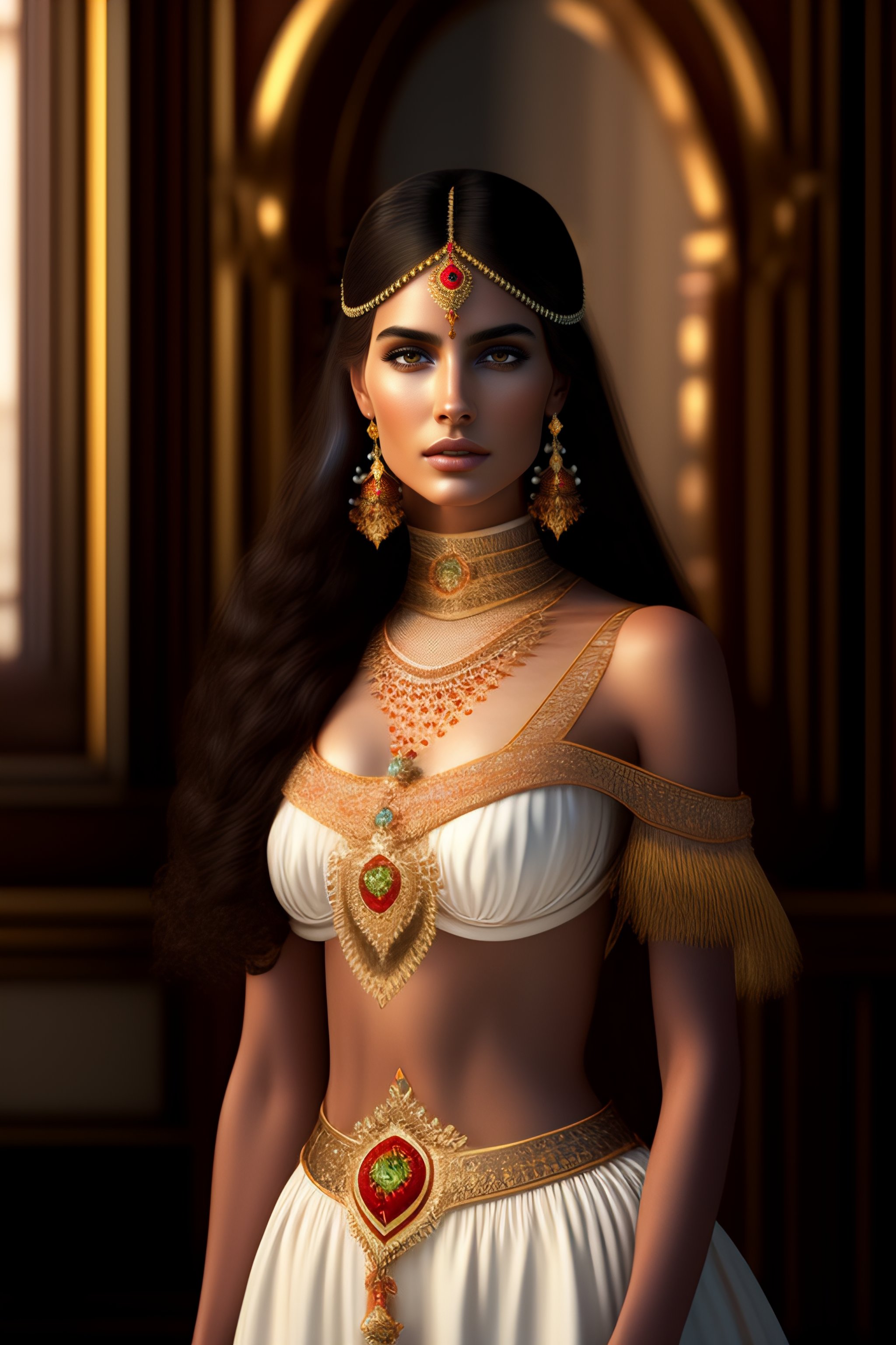 Lexica - Beautiful indian princess standing in the palace bedroom with thin veiled clothing ...