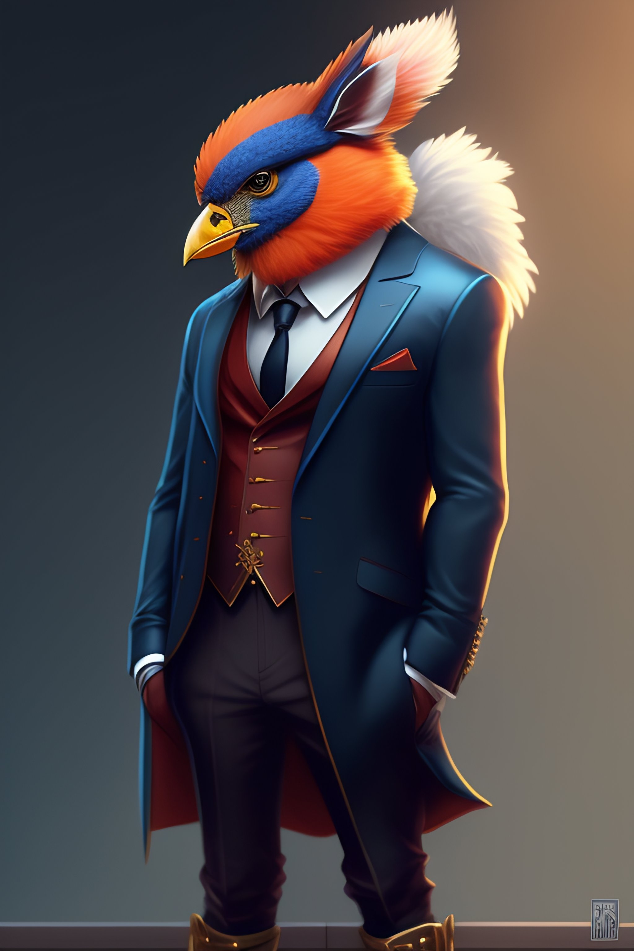 Lexica - Anthro furry humanoid cockerel, three piece suit, checking ...
