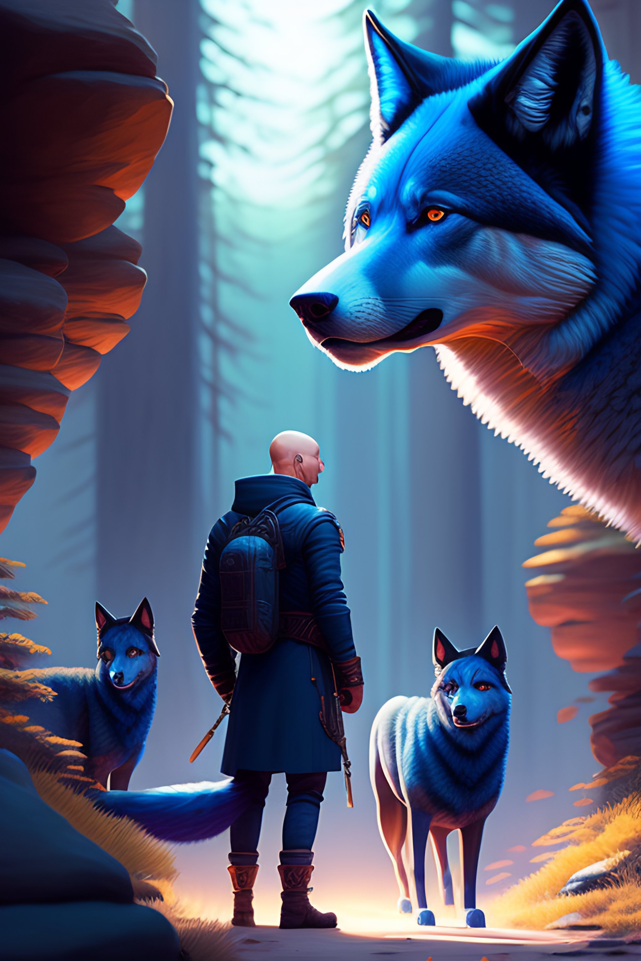 Lexica - Detailed illustration of a bald blue man surrounded by a wolf ...