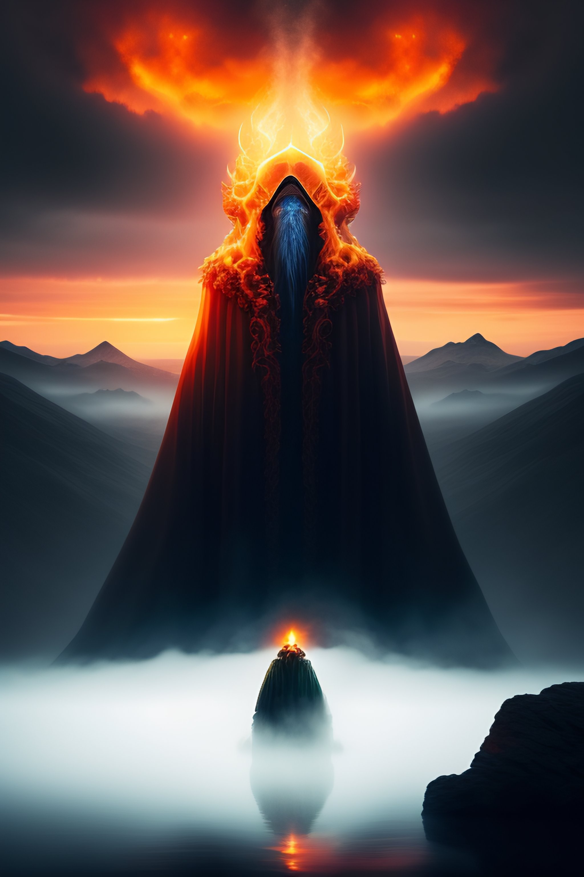 Lexica - In a vast landscape behind cloudy mountains a colossal and ...