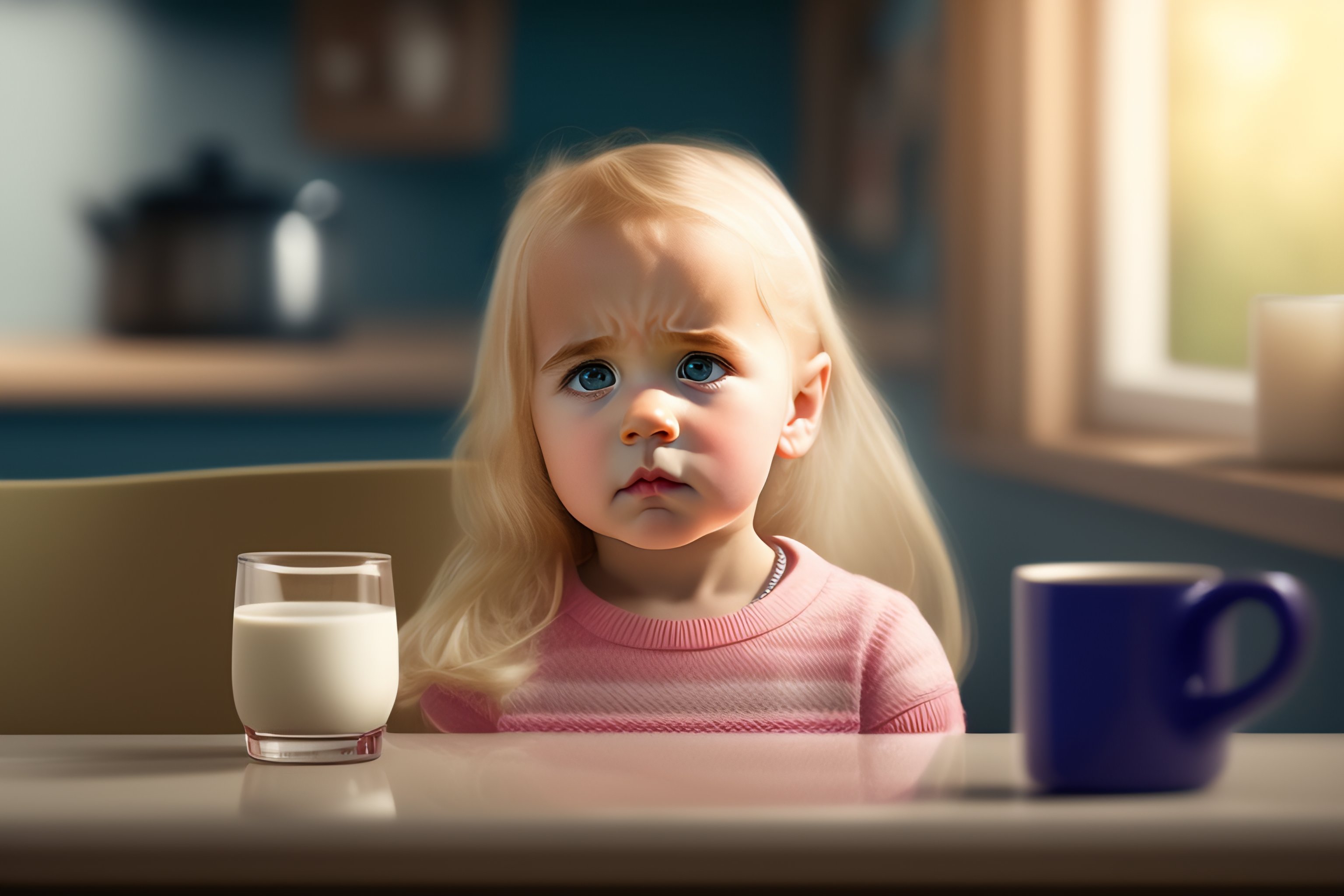 Lexica - 3 year old blonde girl sad because she spills a cup of milk ...
