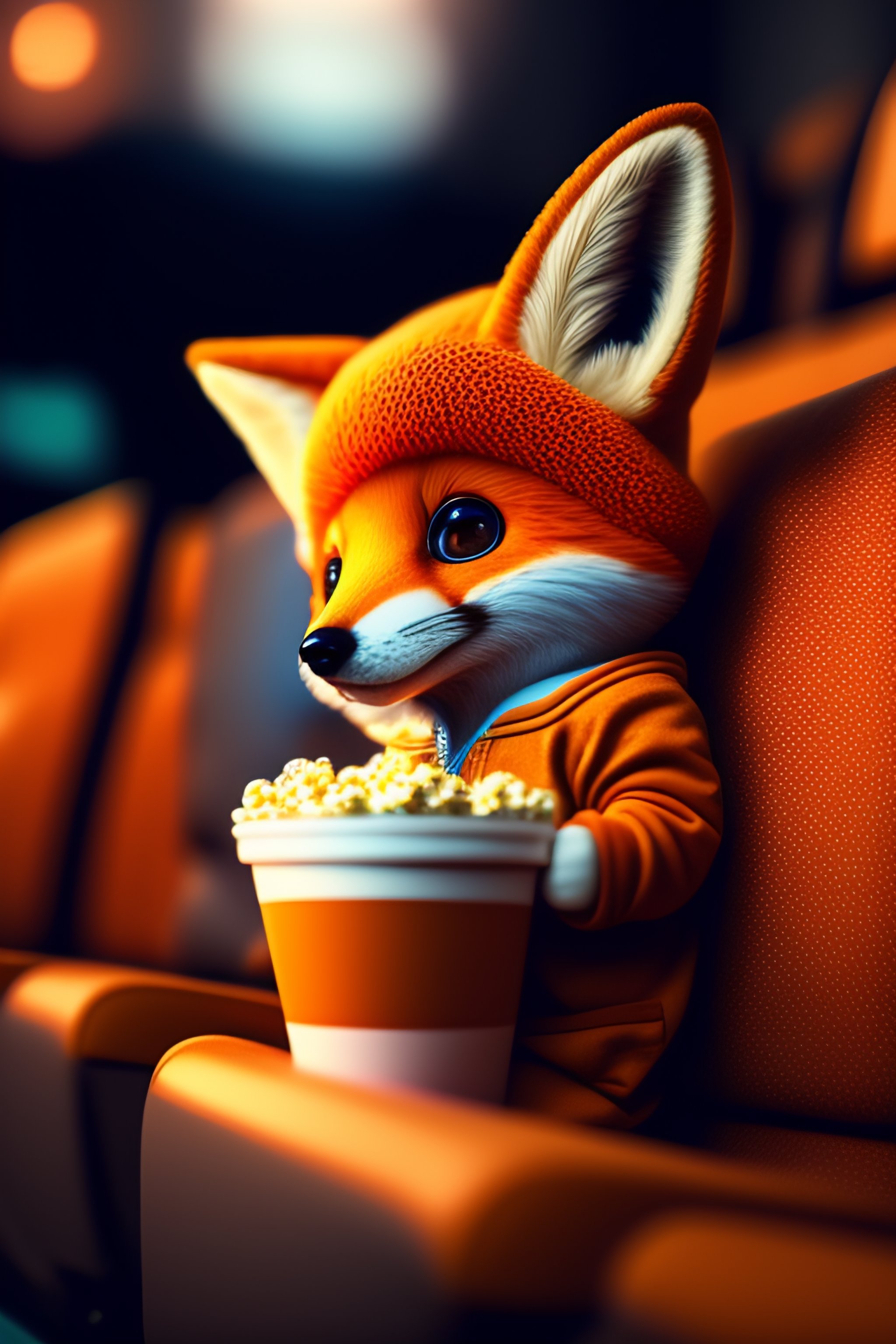 Lexica - Cute small humanoid baby fox sitting in a movie theater eating ...