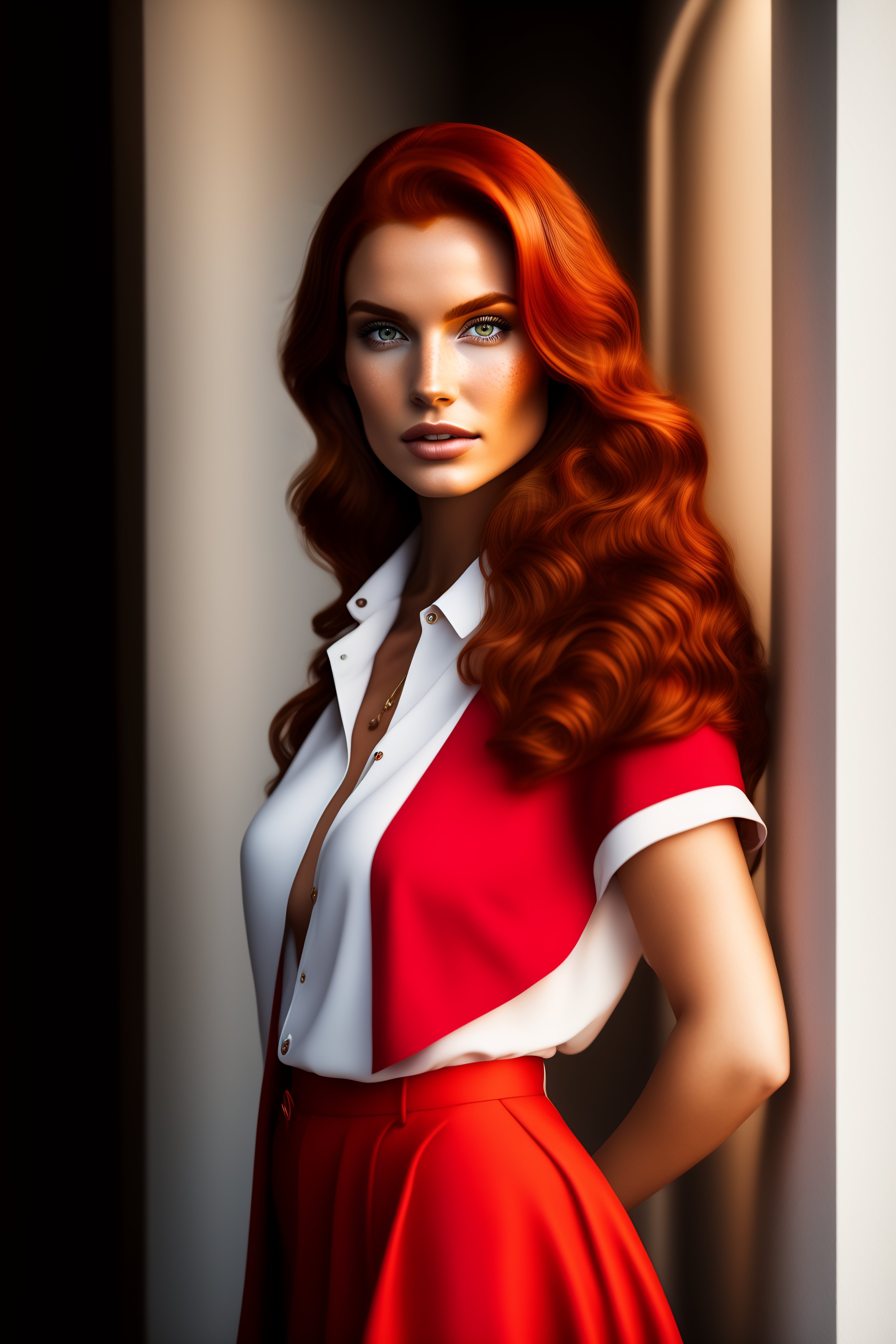 Lexica - Generate an image of a red-headed model standing in a well-lit ...