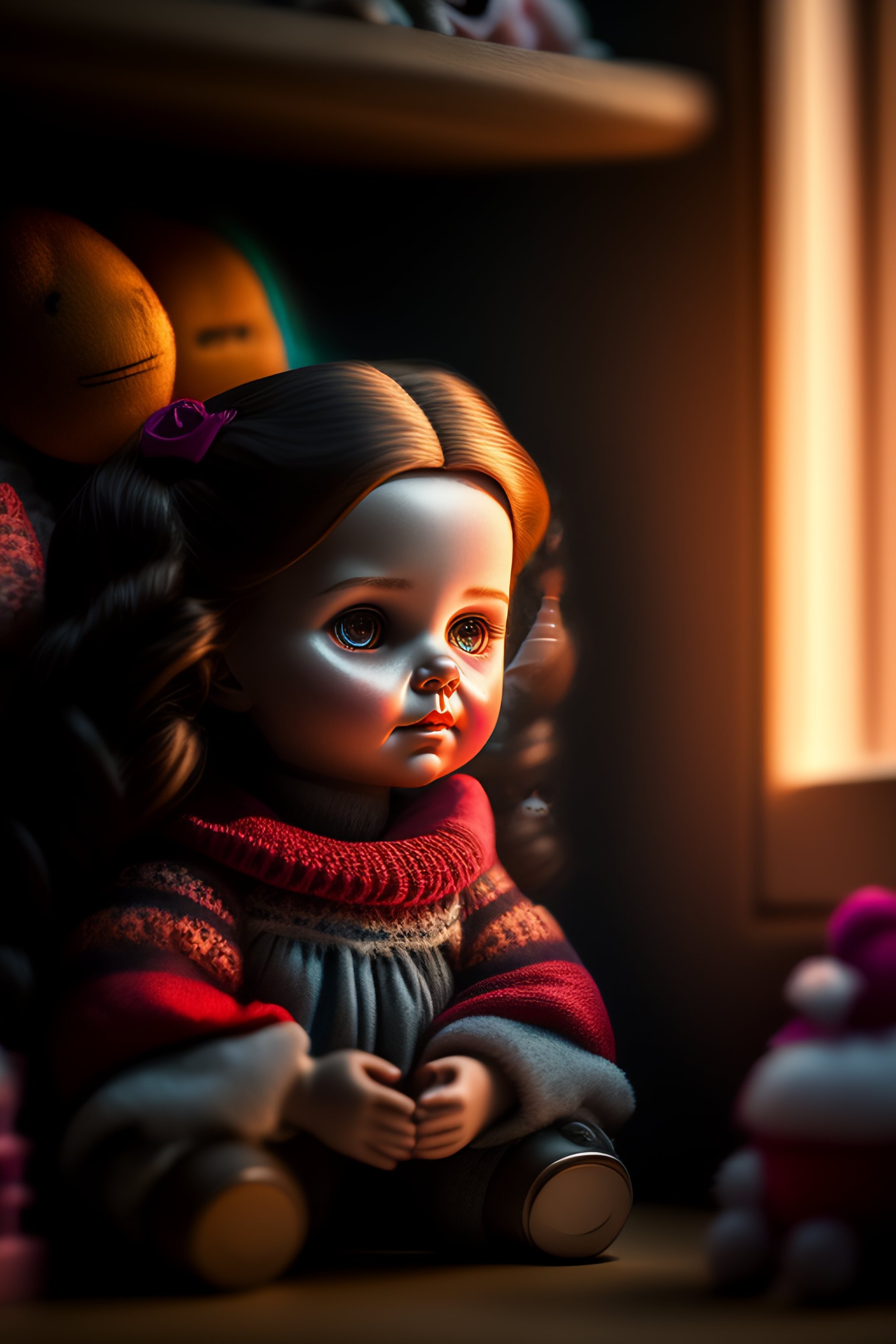 Lexica - A possessed doll with an evil look in her eyes sits among the ...