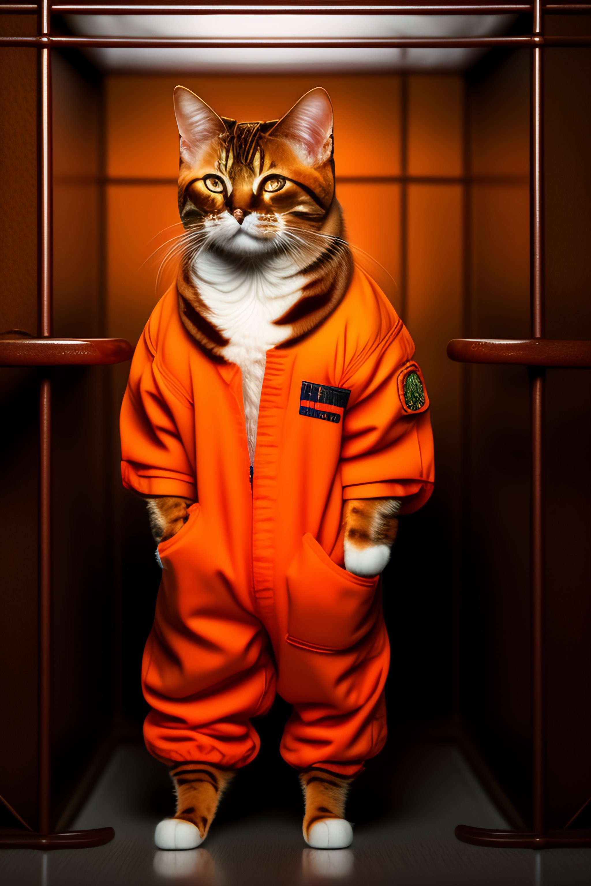 Lexica - A humanoid havana brown cat wearing inmate orange jumpsuit ...