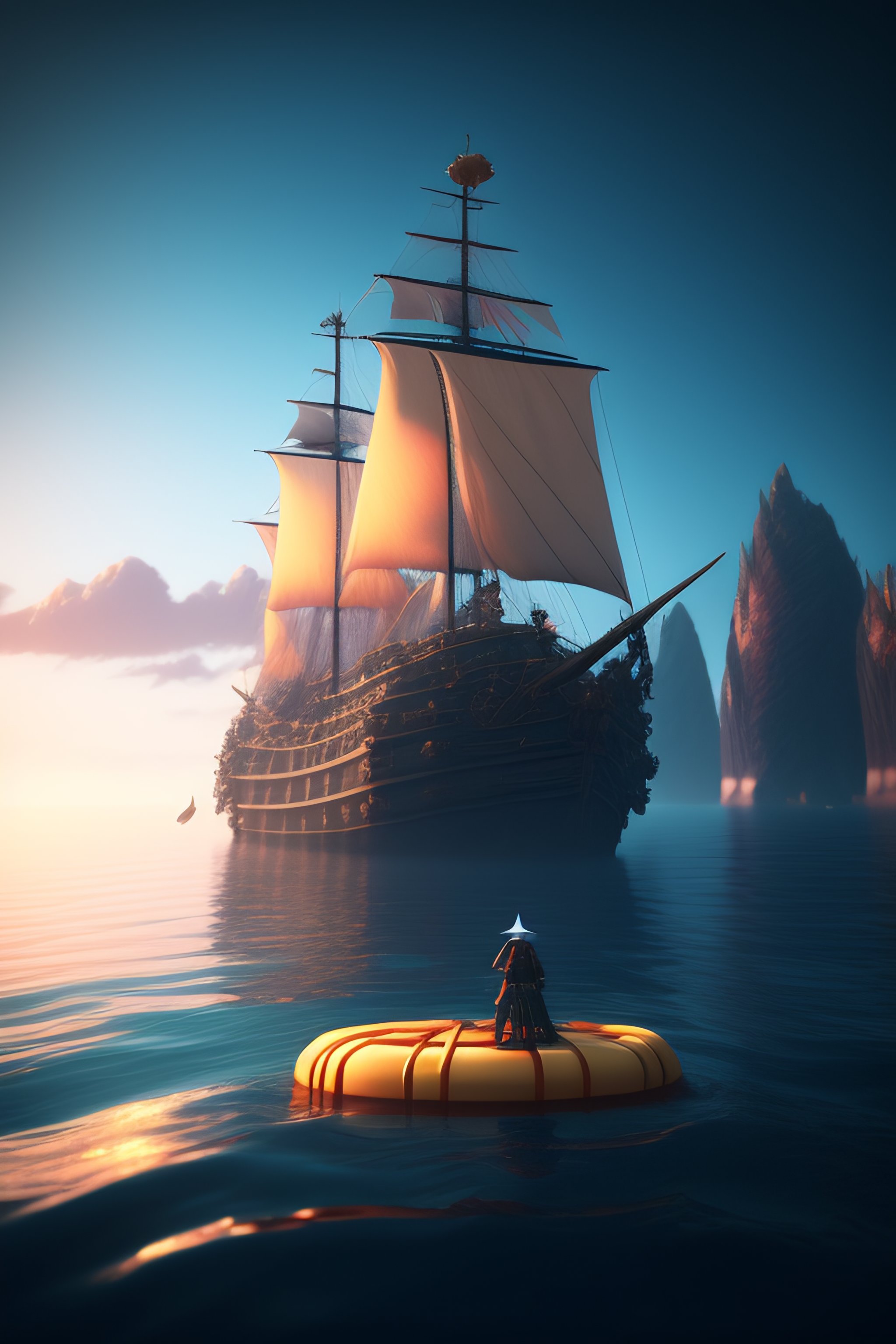 Lexica - A pirate floating on a raft in the middle of the sea, torn ...