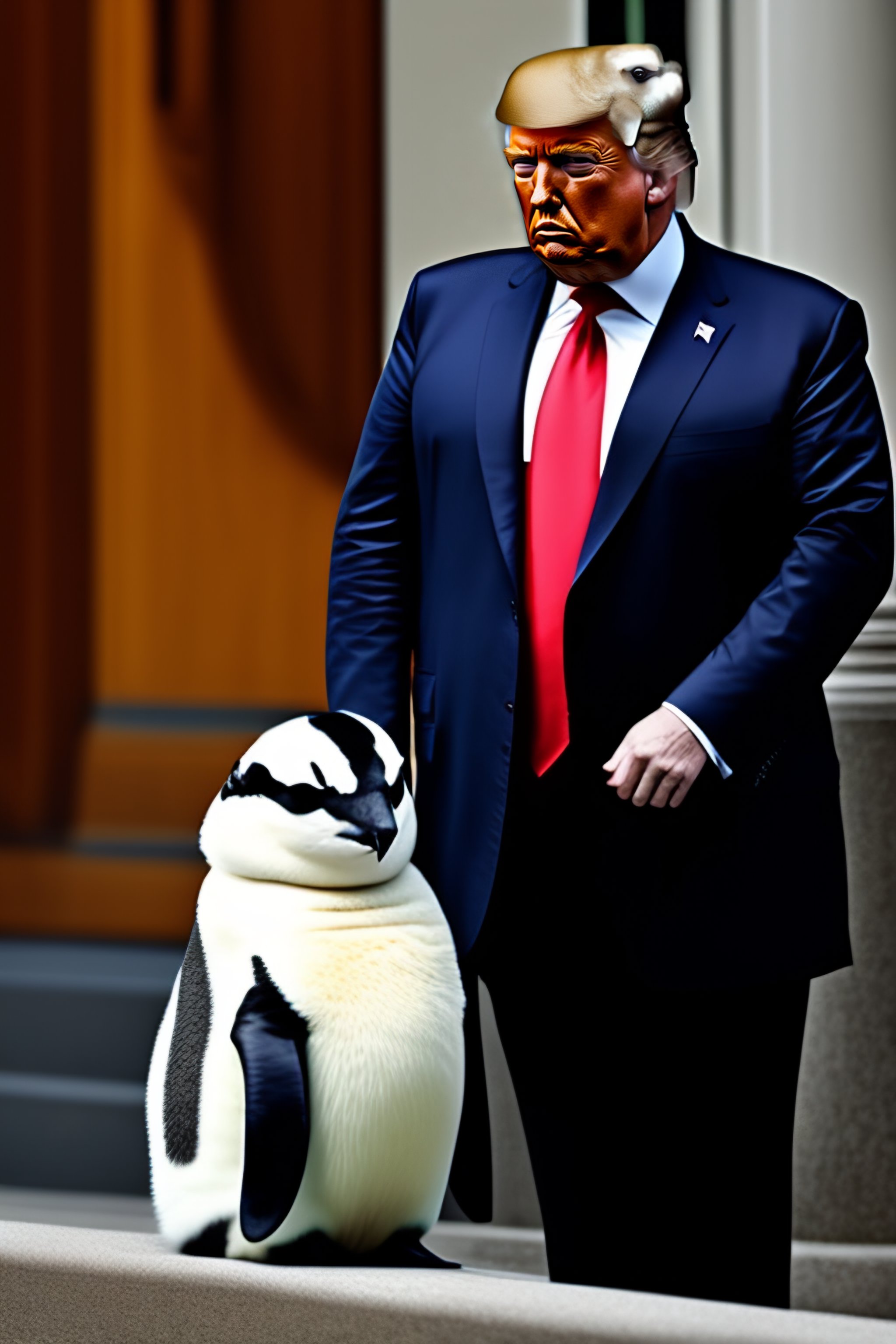 Lexica - Donald Trump dressed as a penguin holding a cat