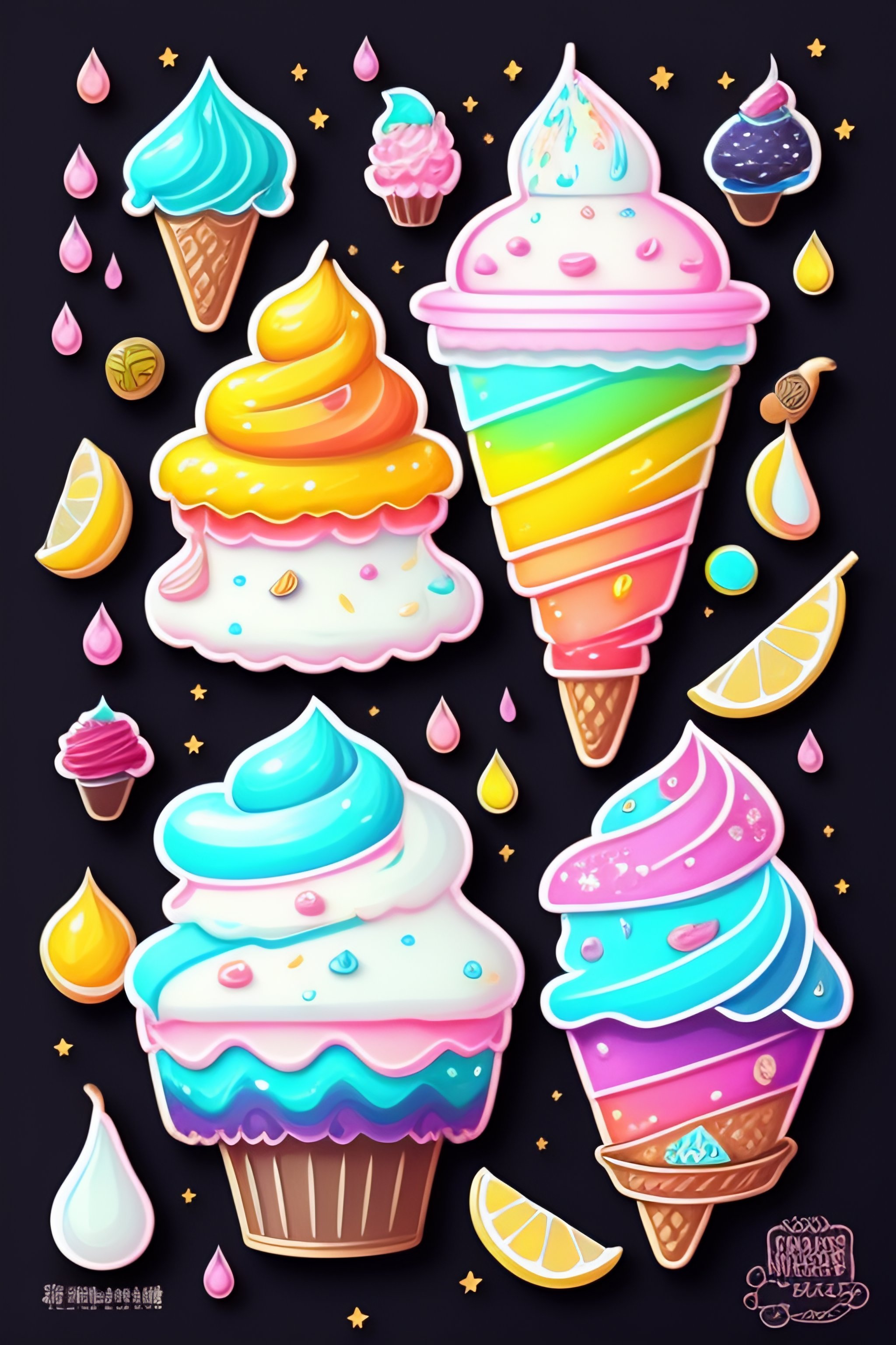Lexica - Colorful, kawaii chibi icereams on pale black paper, very ...