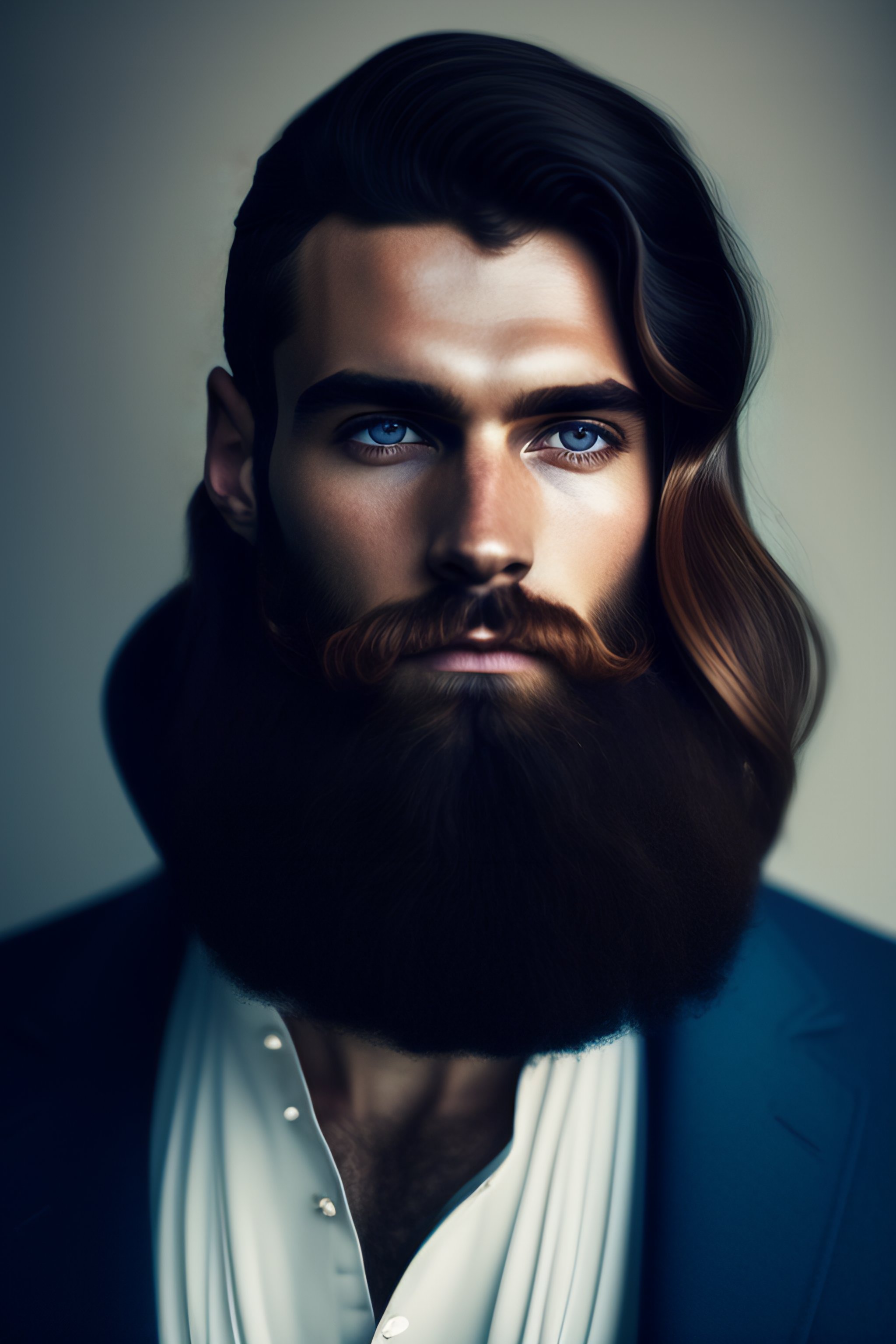 Lexica - Portrait of bearded man with dark hair and blue eyes, ethereal ...