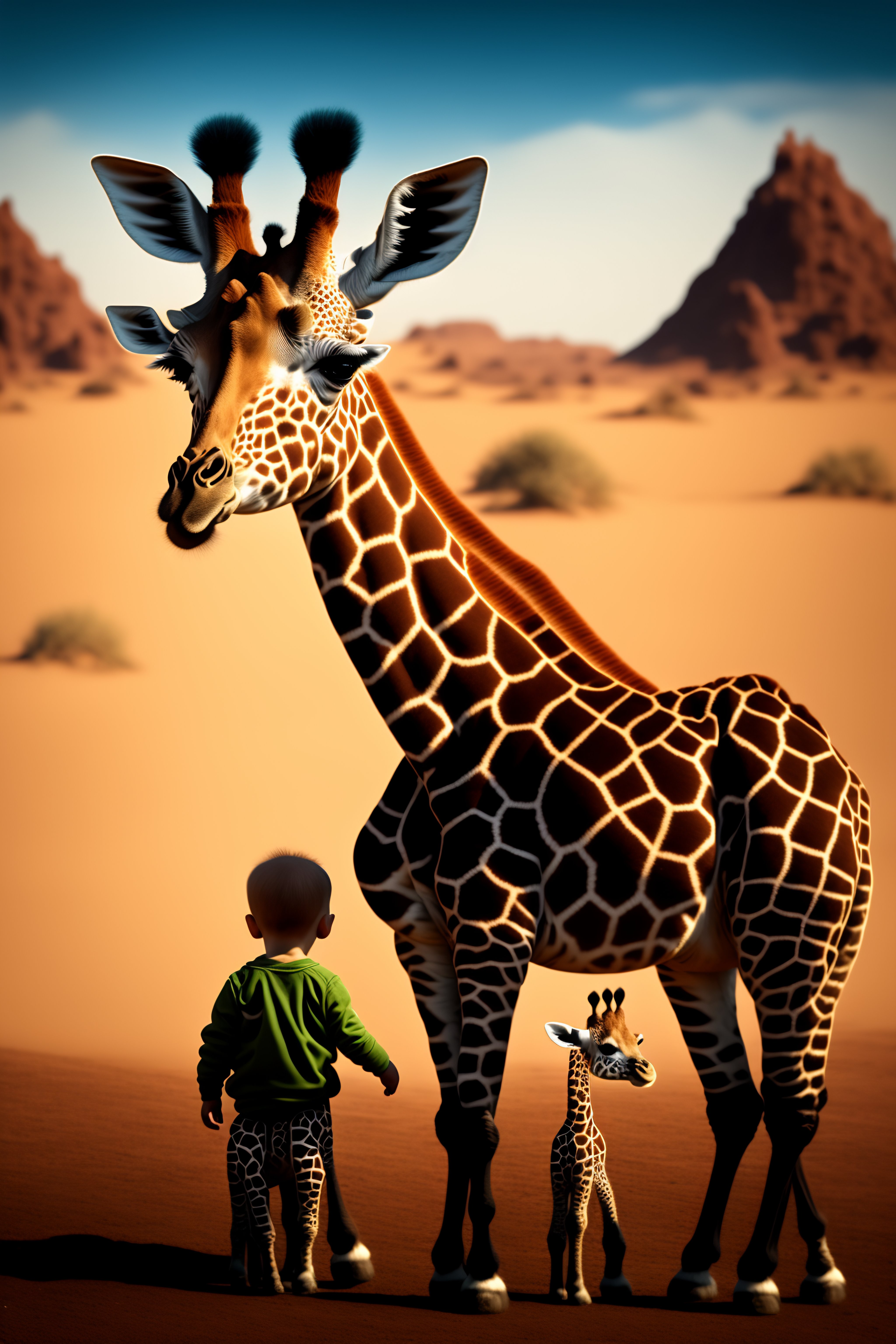 Lexica - Generate a baby giraffe who is playing with a human child