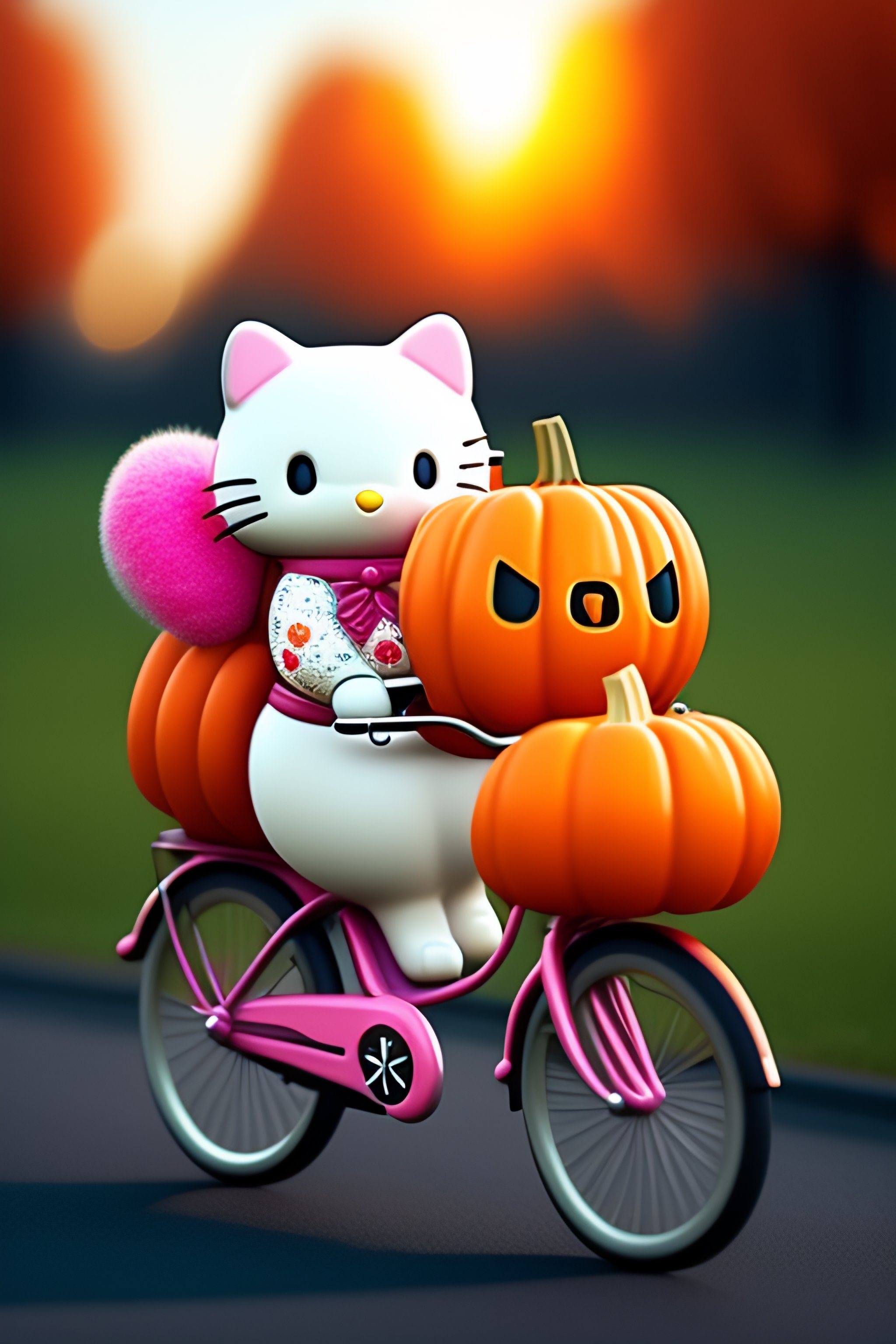 Lexica - Hello kitty riding a bicycle with a pumpkin