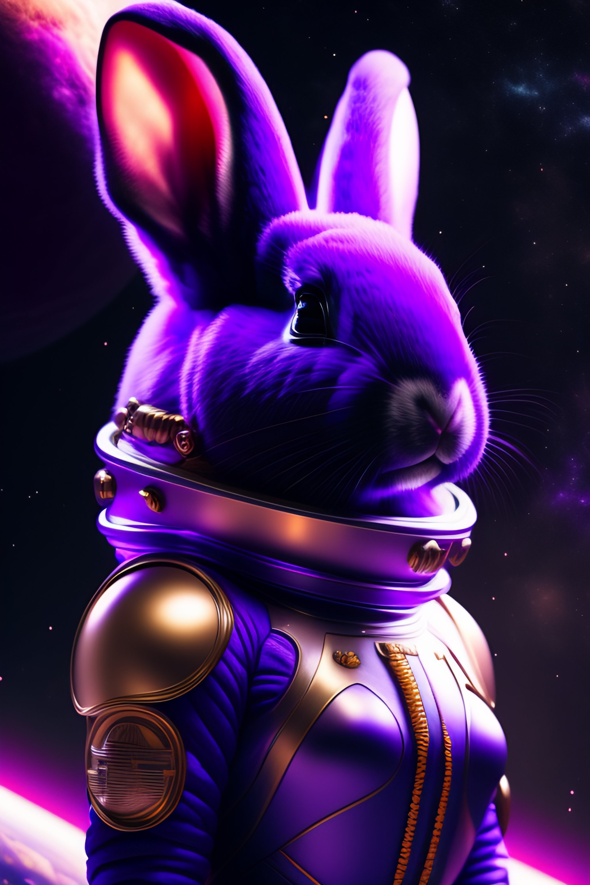 Lexica - A dark purple head bunny in space suits, surrealism, retro space, full body, volumetric ...
