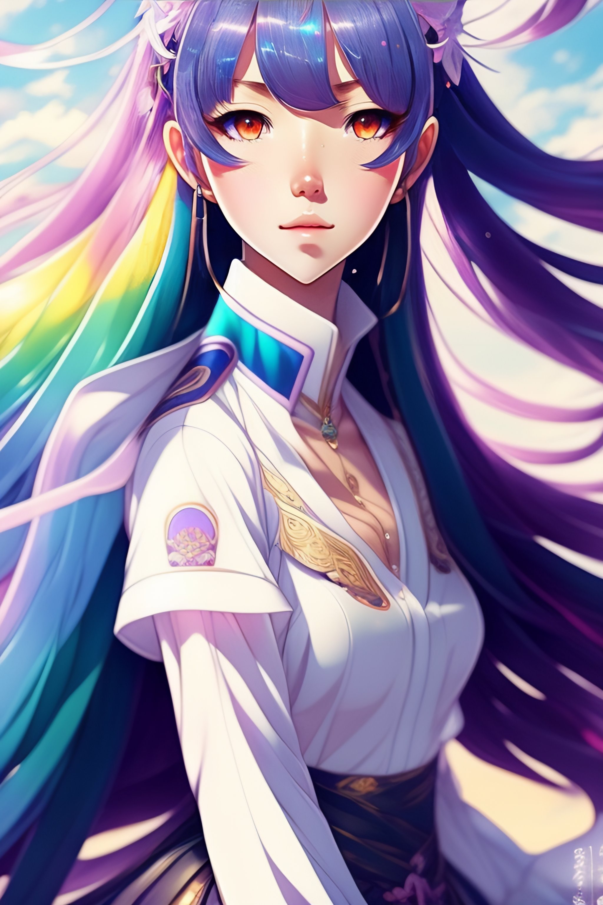 Lexica - Anime genshin impact woman with pastel rainbow-white-blue long ...