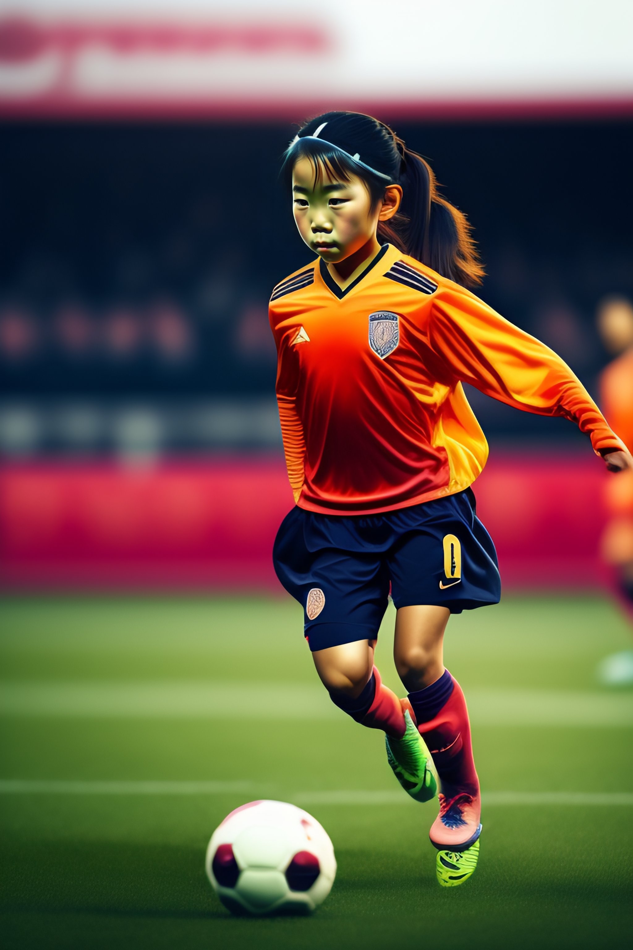 Lexica - Young inner-city Asian girl playing soccer determined