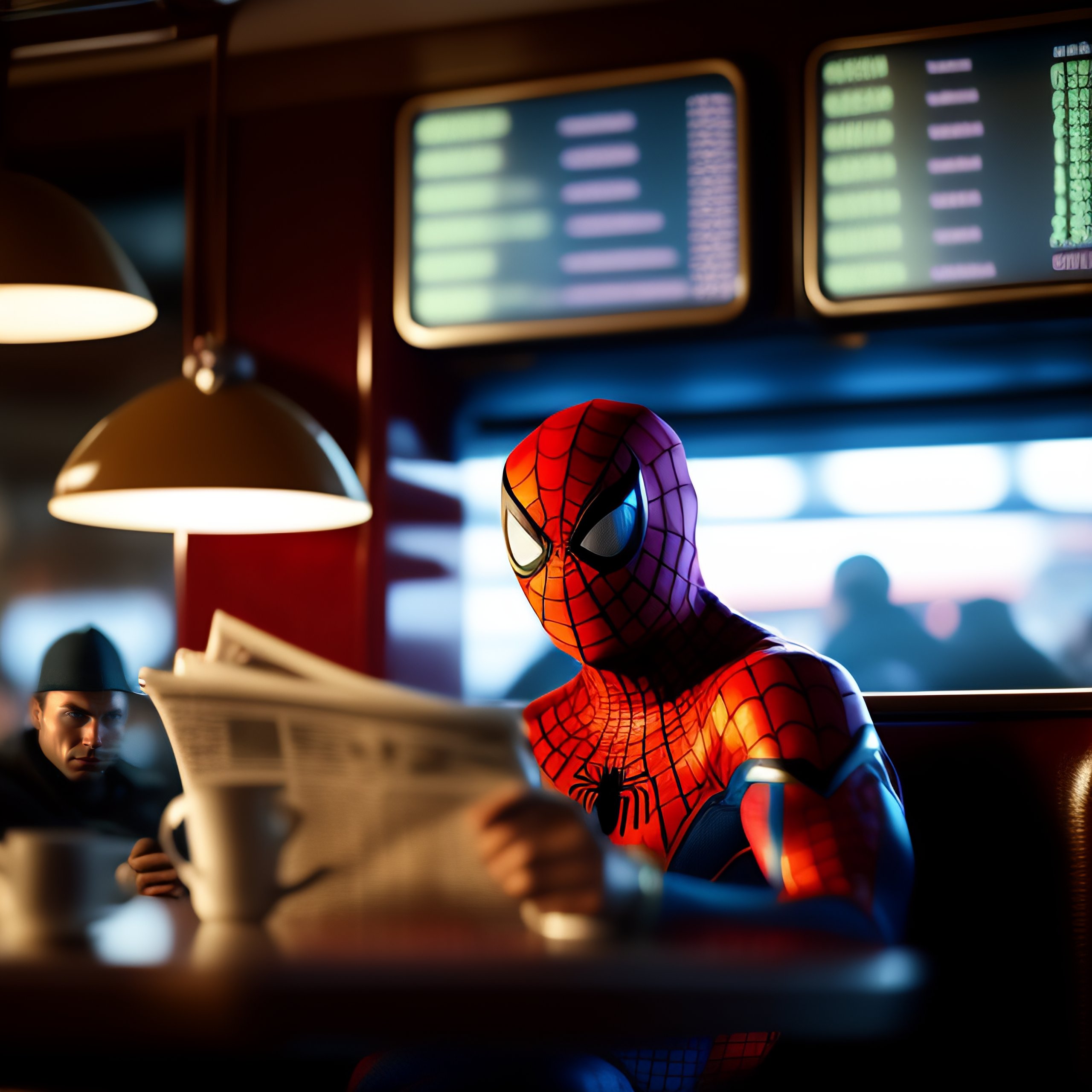 Lexica - Spider-Man reading a newspaper inside of a diner, cinematic ...