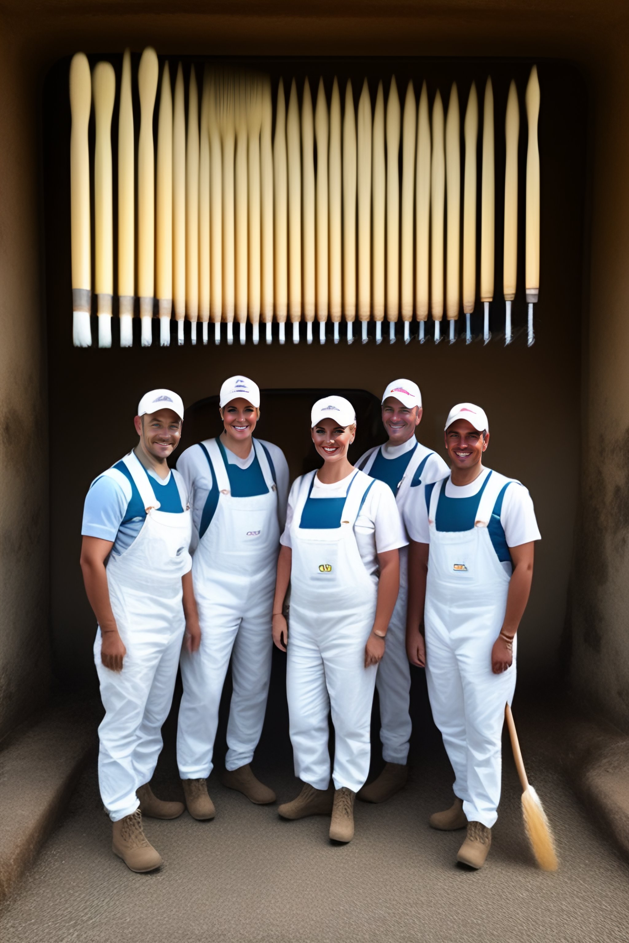 Lexica - An army of smiling painters wearing white dungarees holding ...